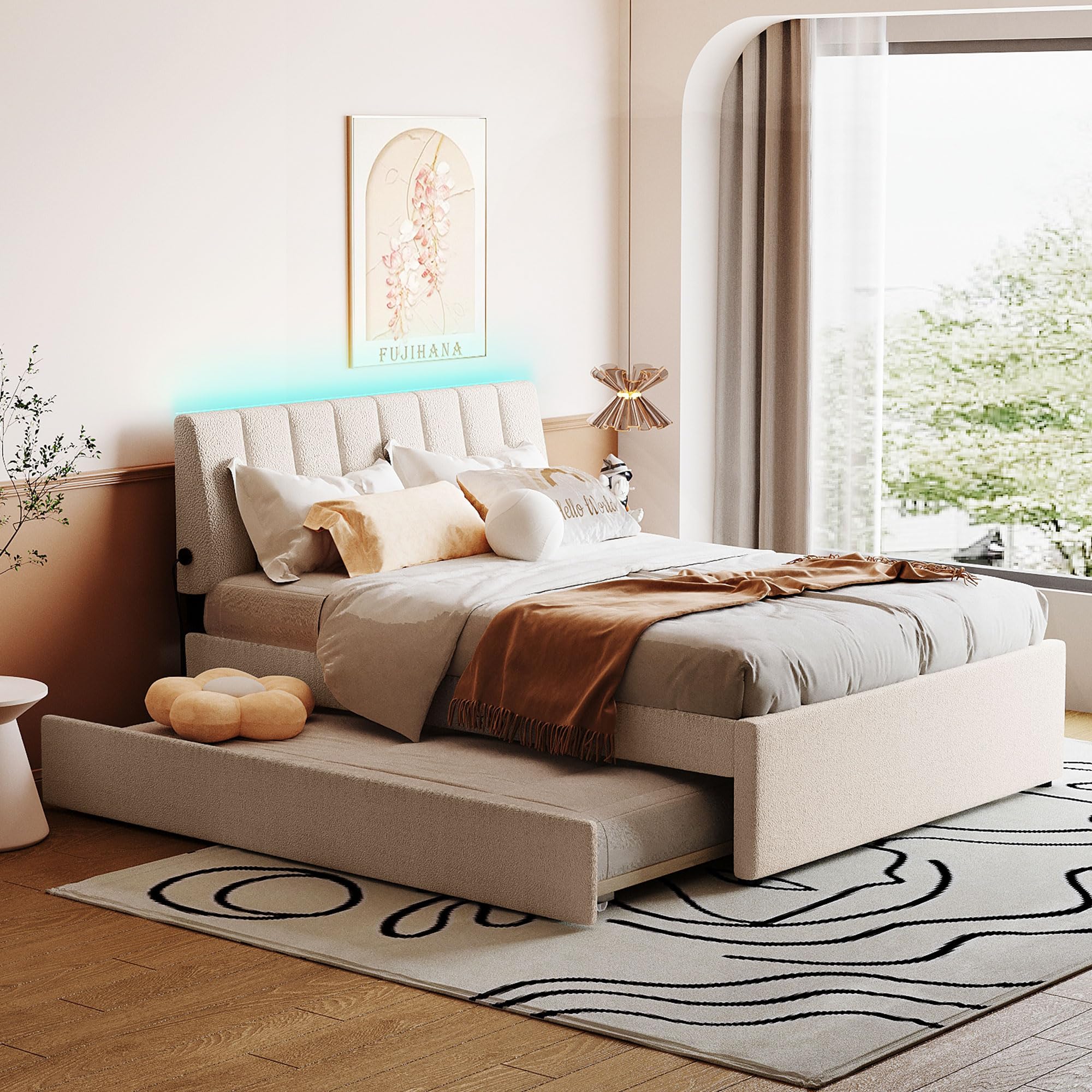 Brisca Full Size Teddy Fleece Upholstered Platform Bed with Trundle and LED,Bed Frame W/Stripe Designed Headboard,for Bedroom,Apartment,Guest Room,Beige