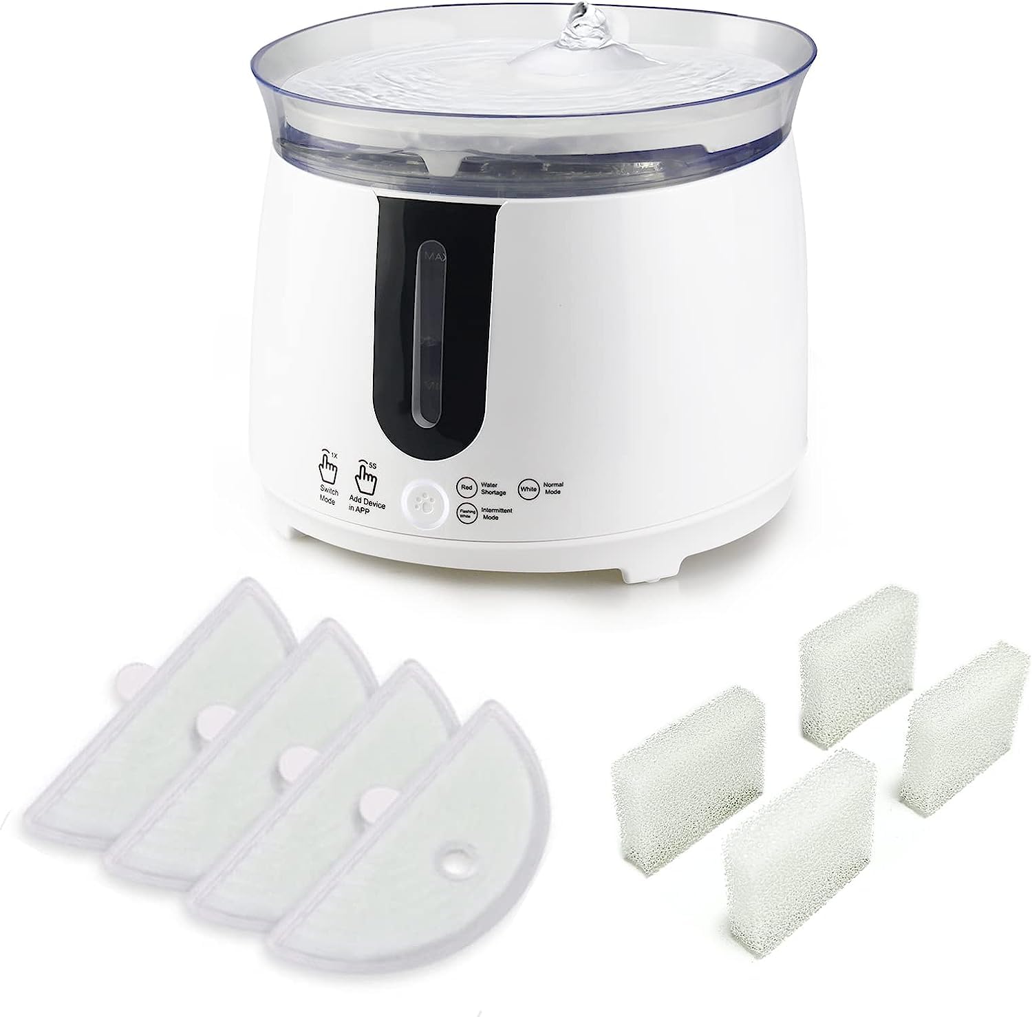 AQHH Cat Water Fountain with 4pcs Replacement Filters and 4pcs Repalced Pump Sponge, Ultra Quiet Pet Water Fountain with App Control, Easy to Clean