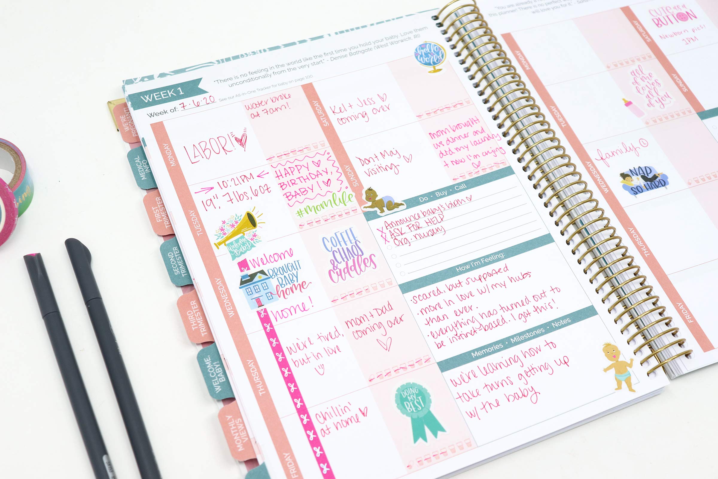 bloom daily planners New Pregnancy and Baby's First Year Calendar Planner & Keepsake Journal with Stickers - Hardcover Scrapbook Memory Book Organizer - Undated - 8β x 10" - Green & Pink