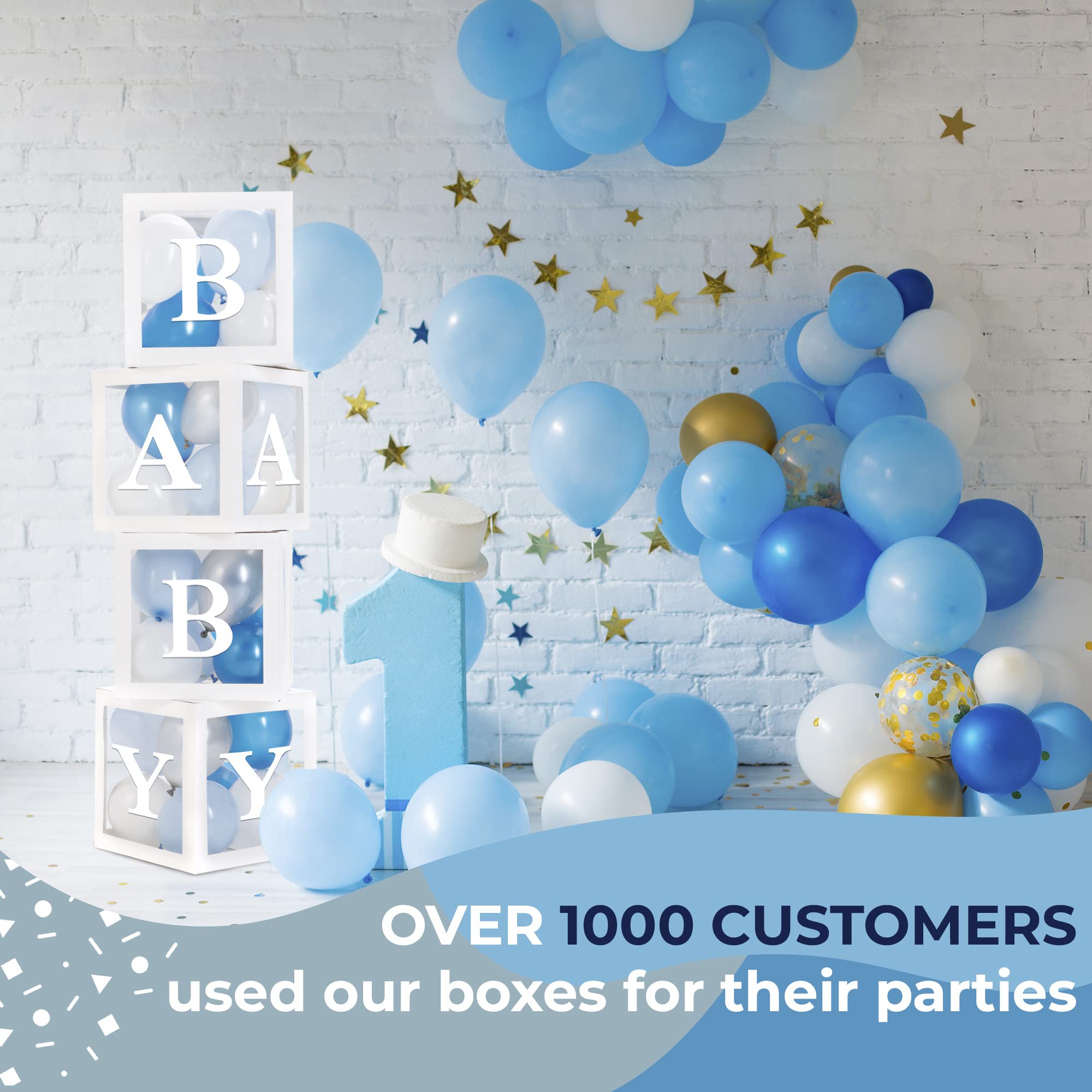 Baby Boxes with Letters for Baby Shower - Baby Shower Decorations of 44 pcs, 32 Blue Silver White Balloons, 4 White Blocks, 8 Letters, Perfect Party Decor
