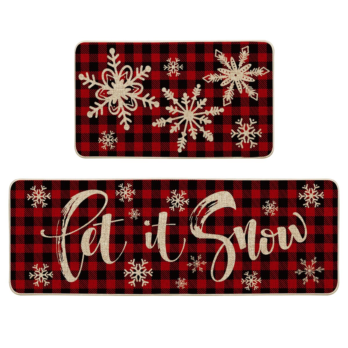 Artoid Mode Buffalo Plaid Snow Christmas Kitchen Rugs Set of 2, Let It Snow Xmas Winter Holiday Party Low-Profile Floor Mat Decorations for Home Kitchen - 17x29 and 17x47 Inch