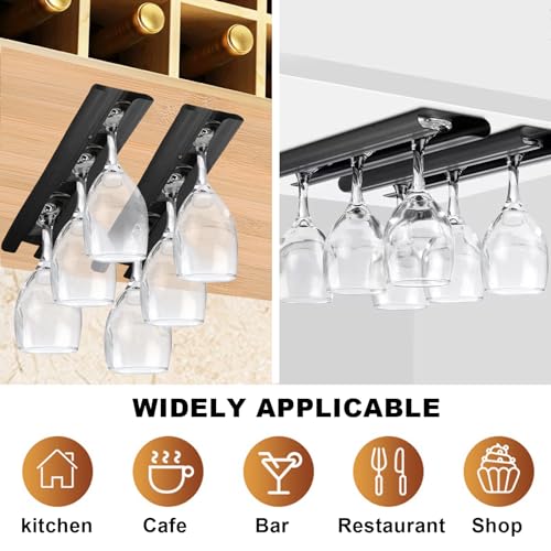 AQJUNONG Wine Glass Holder Under Cabinet,Aluminum Wine Glass Rack 2 Pack, Under Cabinet Wine Glass Holder, Under Shelf Mounted Stemware Rack for Bar Kitchen, Hanging Stemware Rack.(Black)