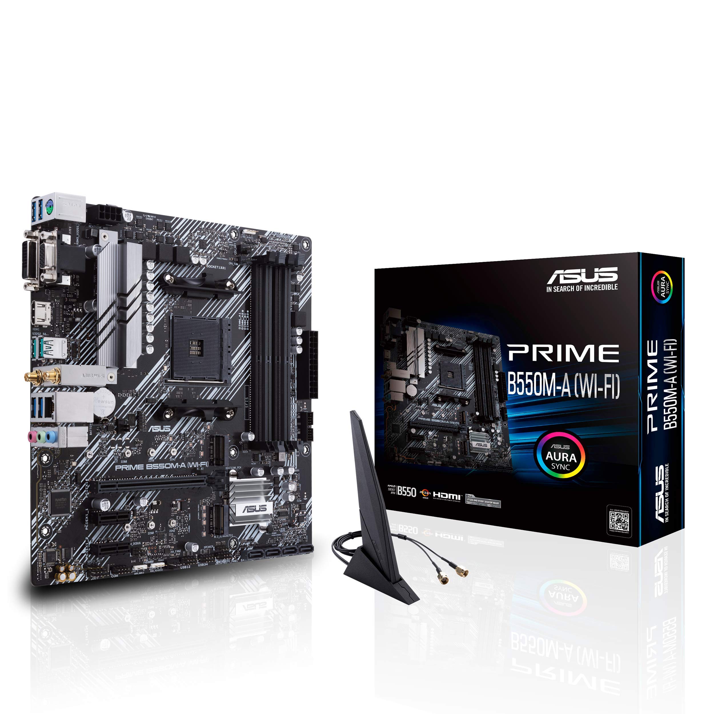 ASUS Prime B550M-A WiFi AMD AM4 Zen 3 Ryzen 5000 & 3rd Gen Ryzen Micro ATX Motherboard (PCIe 4.0, WiFi 6, ECC Memory, 1Gb LAN, HDMI 2.1/D-Sub, 4K@60HZ, Addressable Gen 2 RGB Header and Aura Sync)