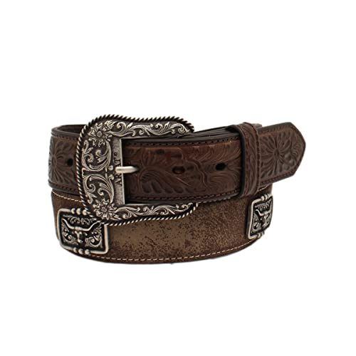 ARIAT Men'S Brown Leather Belt W/Floral Tabs Longhorn Conchos (38)