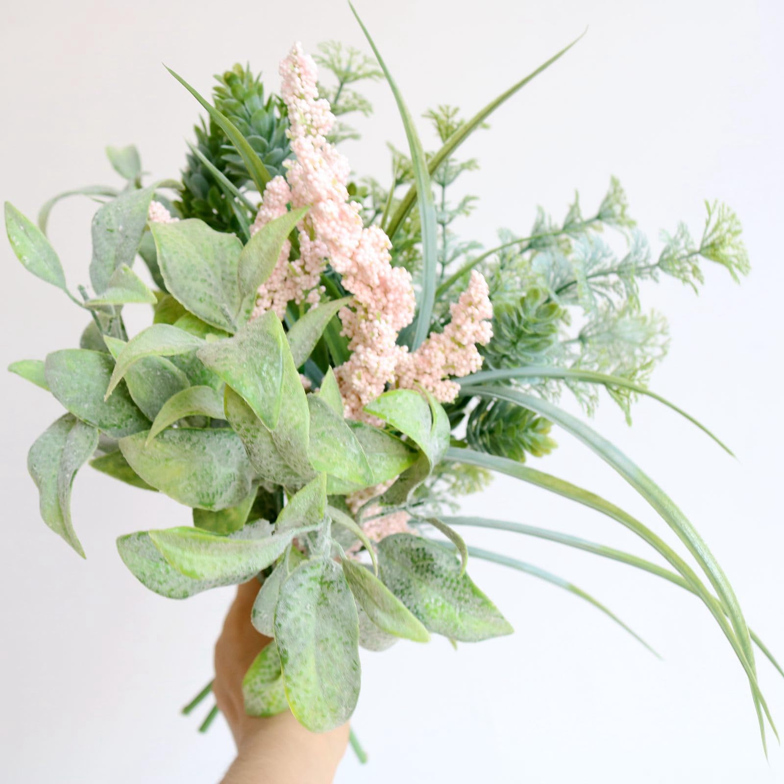 Artificial Plastic Flowers Dusty Miller Mixed Moss Foam Pinecone Green Grass Foliage Bundle for Home Garden Wedding Decoration (Pink)