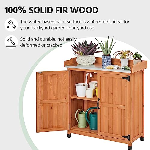 Yaheetech Garden Potting Bench Table - Outdoor Garden Patio Wooden Storage Cabinet & Solid Wood Planting Work Bench with Large Space Storage & Metal-Plated Tabletop, Brown