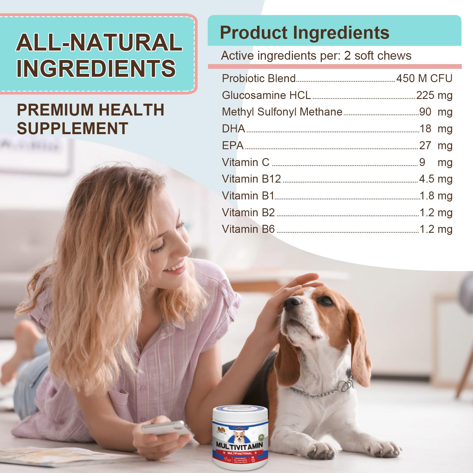ColEaze Multivitamin Dog Supplement, 5 Essential Vitamins Treats for Dogs, Glucosamine for Joint Support