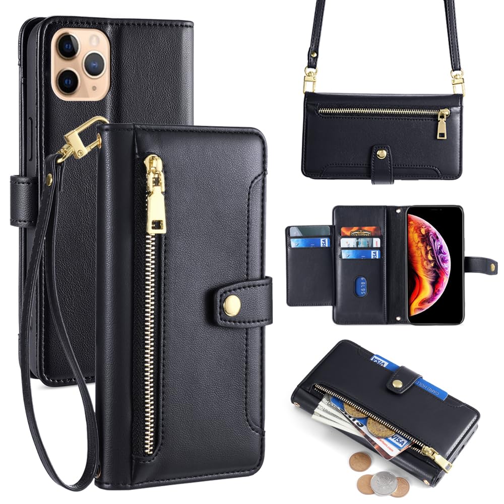 Arseaiy Wallet Case for OPPO Realme X50 Pro Flip Phone Case with Crossbody Strap Magnetic Handbag Zipper Pocket PU Leather Shockproof with Kickstand Phone Shell Black