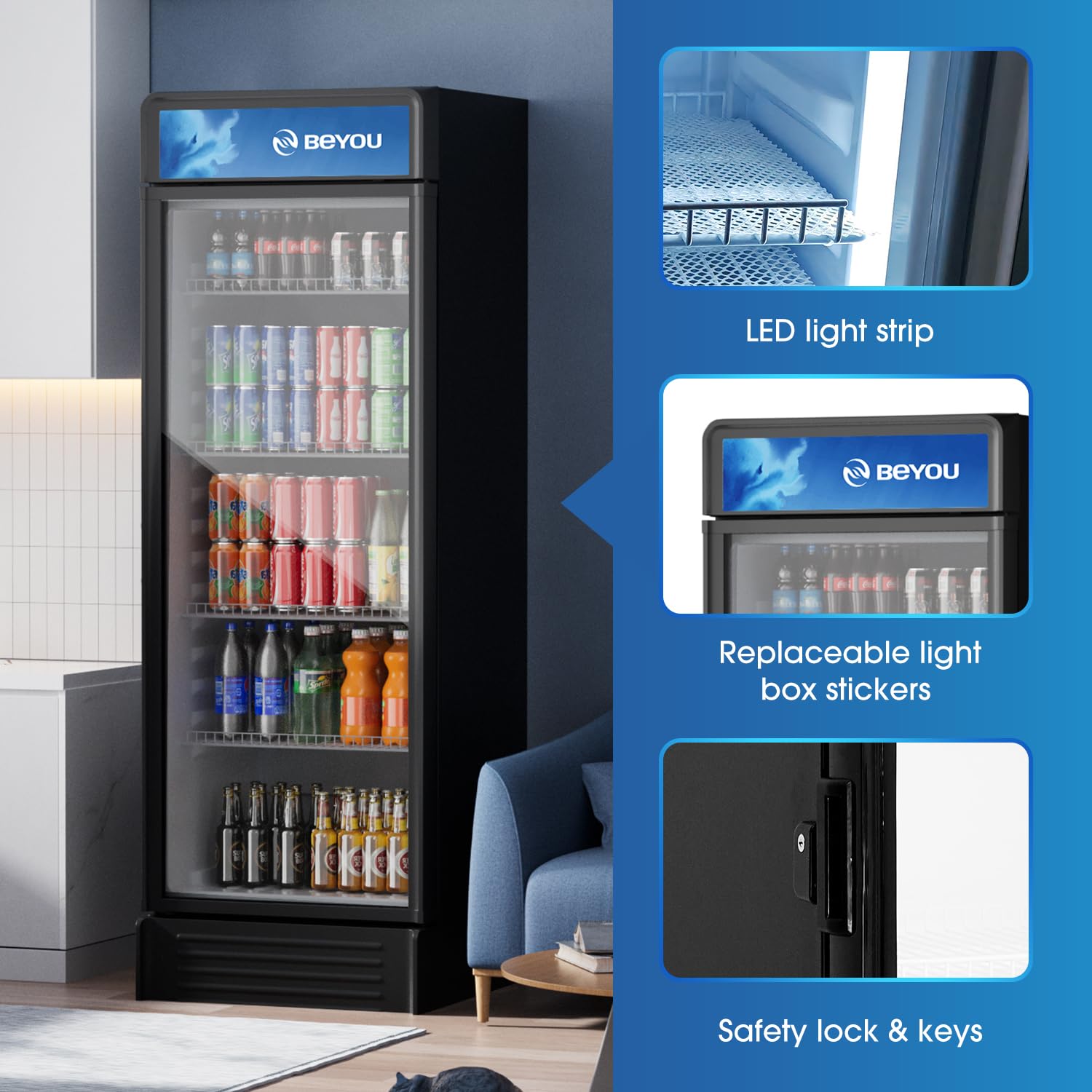 BEYOU Commercial Refrigerator, 12.2 cu. Ft Upright Beverage Display Merchandiser with single Glass Door, Drink Cooler for Living Room,Bar,Garage(Black)