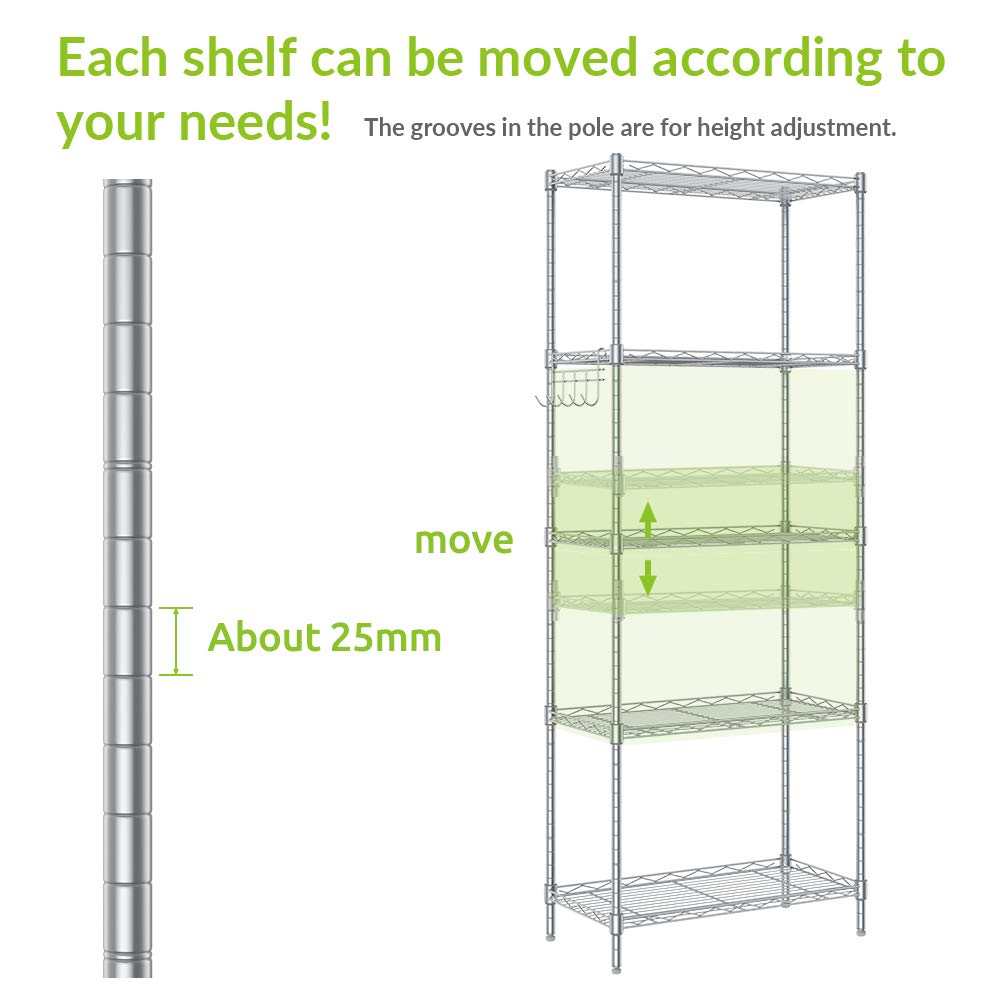 Cozzine 5 Tier Storage Shelves, Adjustable Storage Shelves 21"x 11"x 59" Heavy Duty Steel Tube Wire Shelving Unit (Silver)