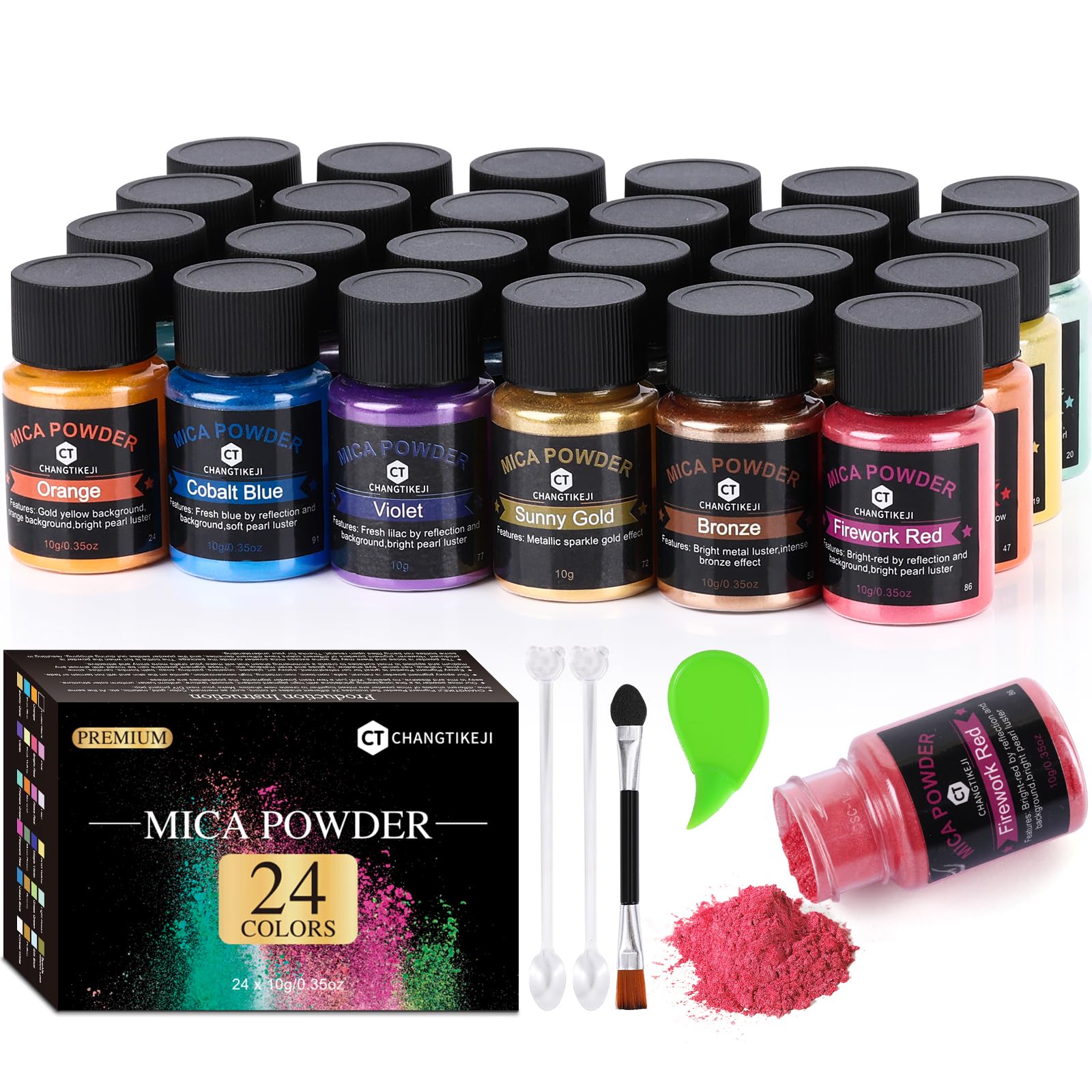 CHANGTIKEJI Mica Powder,24 Colors - 10g/Bottle of Natural Pigment Powder for Epoxy Resin,Soap Making,Candle Making,Lip Gloss,Car Freshies,Dye,Nail Polish,Bath Bombs
