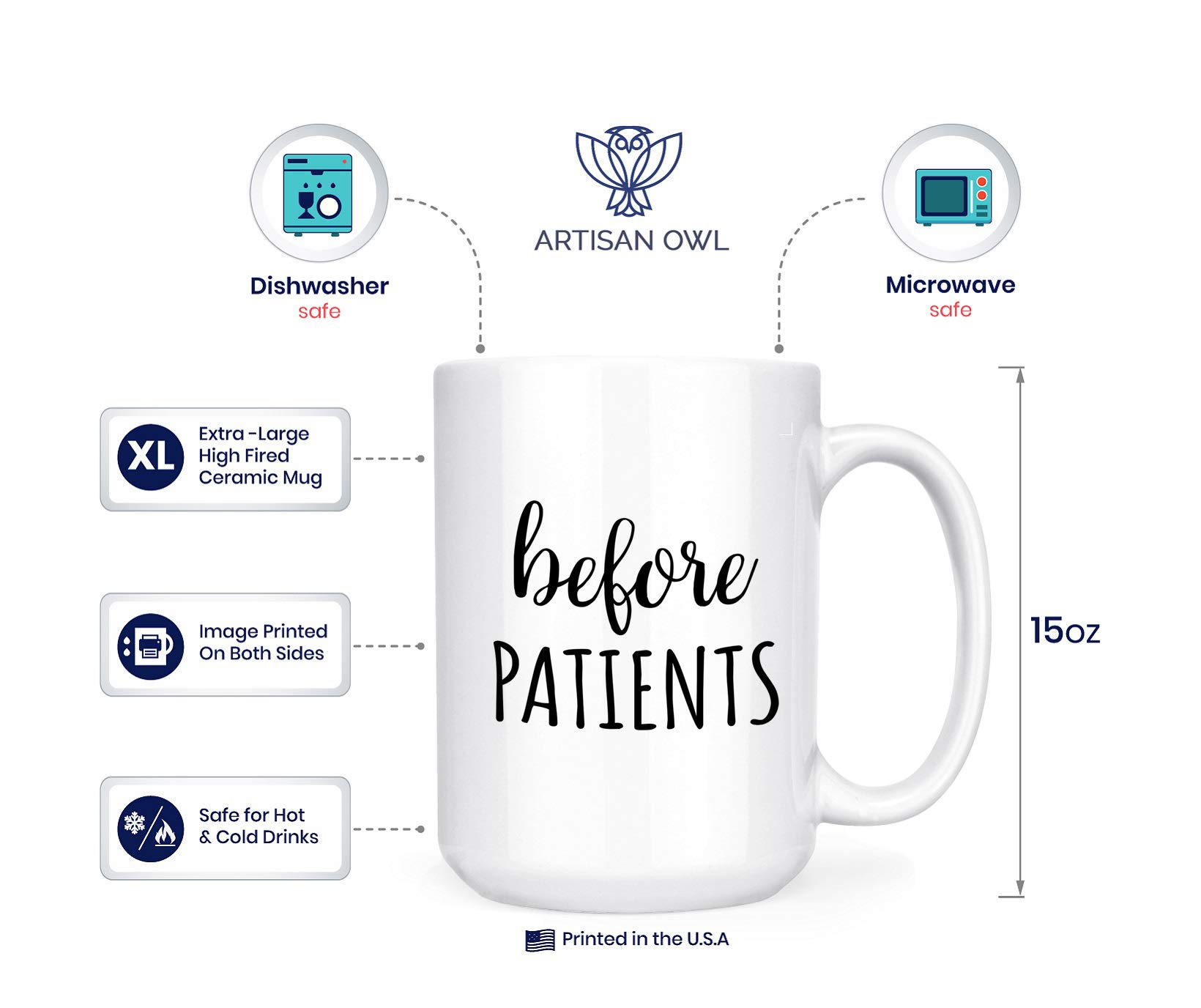 Artisan Owl Before Patients, After Patients SET - Set Contains: One (1) 15 oz Deluxe Large Double-Sided Mug and One (1) 17 oz Stemless Wine Glass