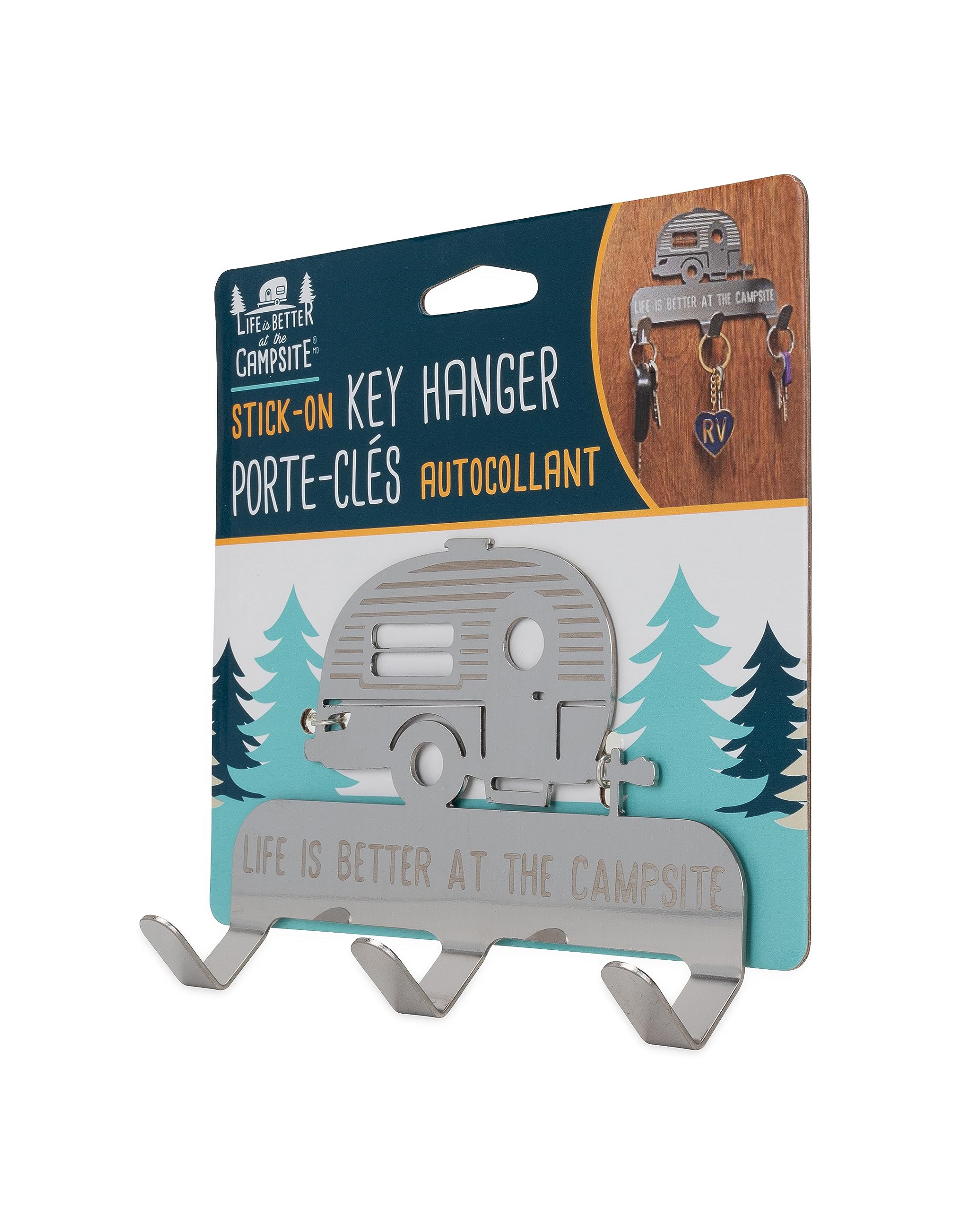 Camco Life is Better at The Campsite Stick-On 3-Hook Key/Leash Hanger | Ideal for Small Spaces | Made of Durable Stainless Steel | (53368)