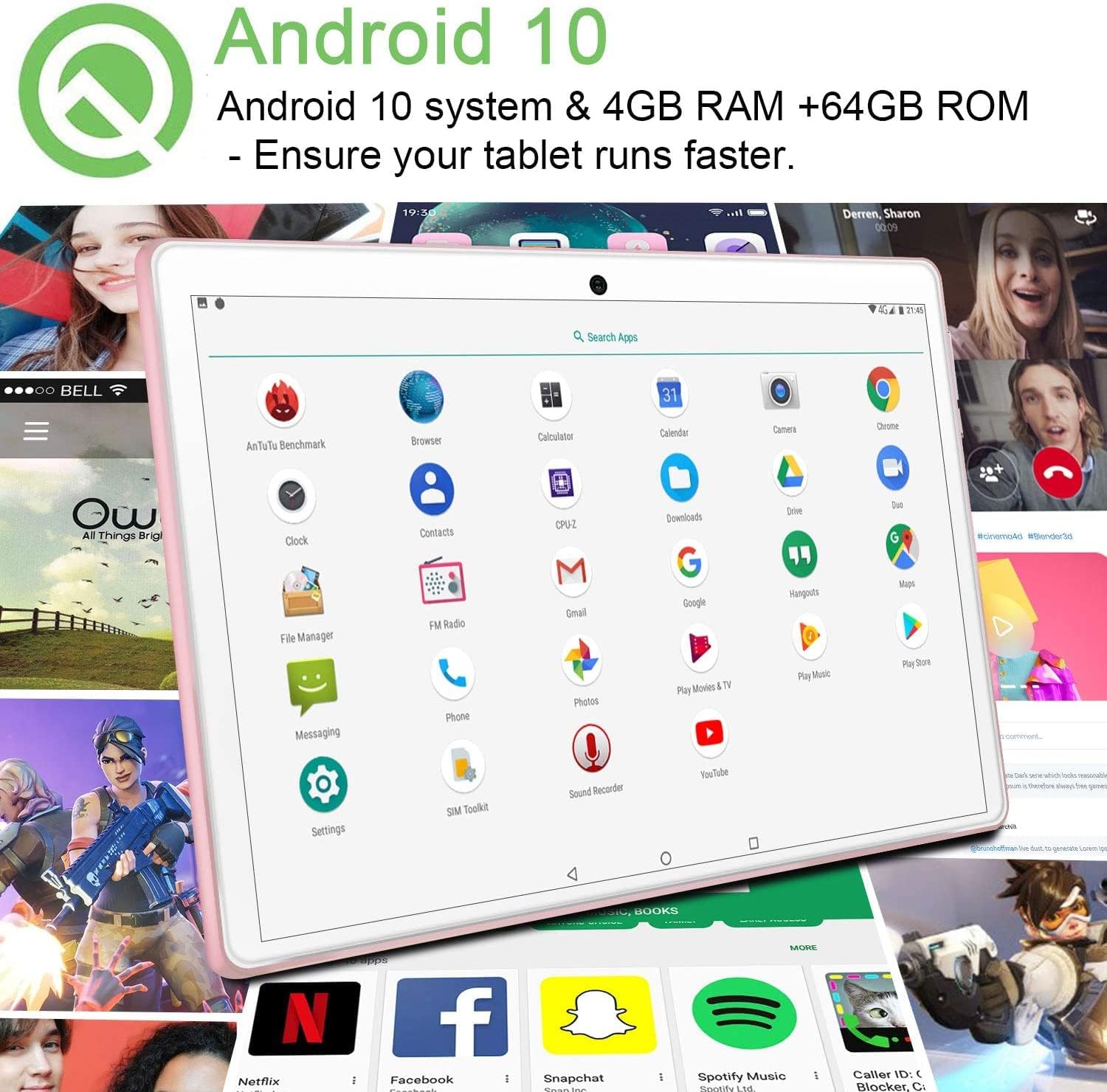 AOYODKG 10 inch Tablet,Android 10 Tablet with 4GB RAM 64GB ROM/128GB Expansion Dual 4G Tablet with SIM Card Slot, 8-Core/HD IPS Tablets, 8000mAh, 13MP Dual Camera, WiFi Gaming Tablets(Pink)