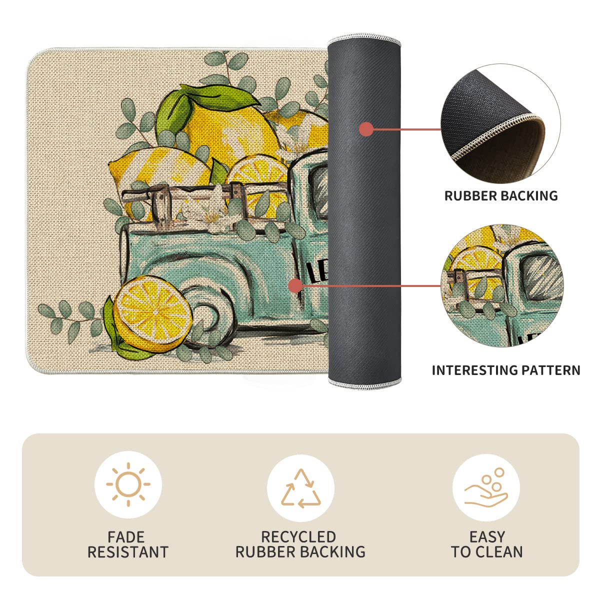 Artoid Mode Eucalyptus Lemon Truck Summer Kitchen Mats Set of 2, Spring Home Decor Low-Profile Kitchen Rugs for Floor - 17x29 and 17x47 Inch