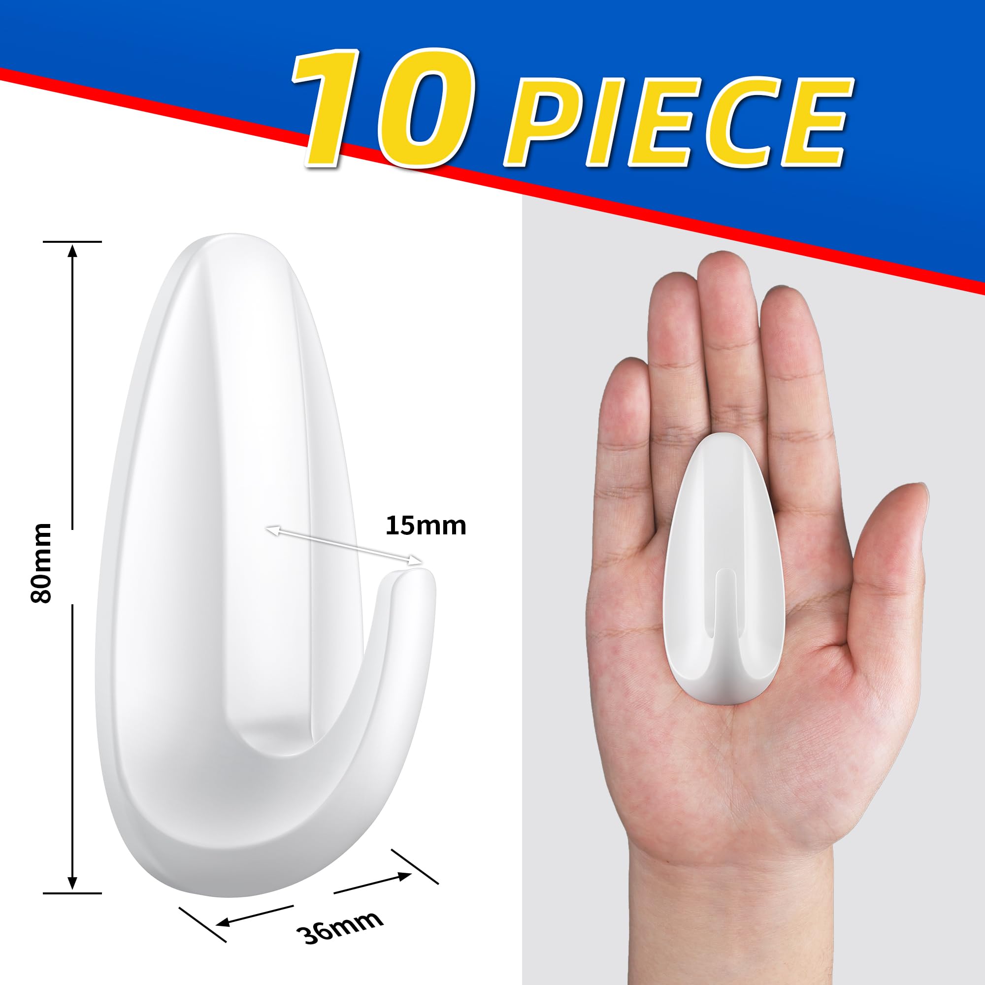 ALOCEO 10 Adhesive Towel Hooks with 11 Adhesive Strips,Wall Hooks for Hanging,Shower Hooks for Wall,Sticky Hooks for Bathroom,White