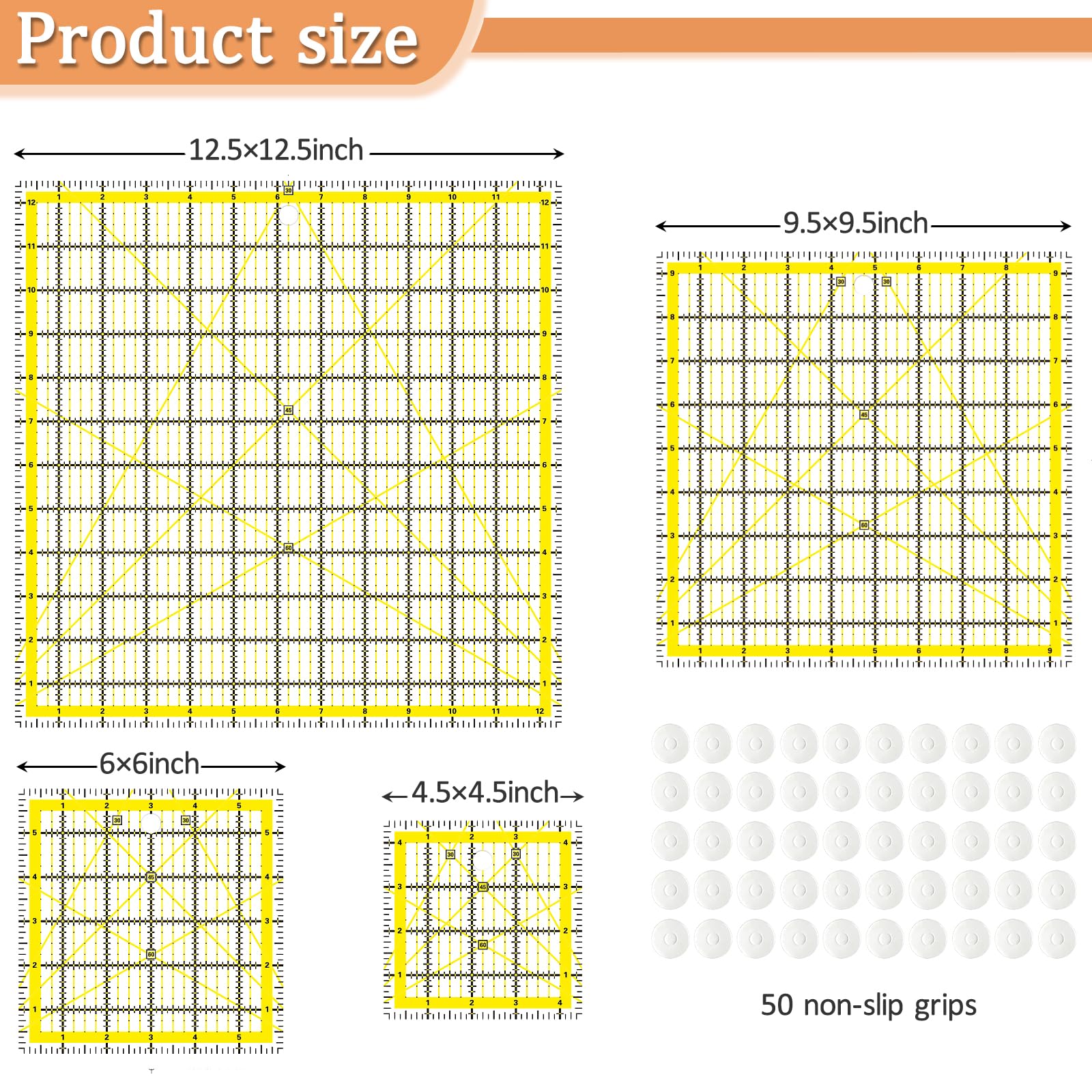 VPVPV 4 Piece Quilting Ruler,Acrylic Square Ruler,Quilting Templates,with Non Slip Rings 25 Pieces(4.5“X4.5”、6“X6”、9.5“X9.5”、12.5“X12.5”) (Yellow)