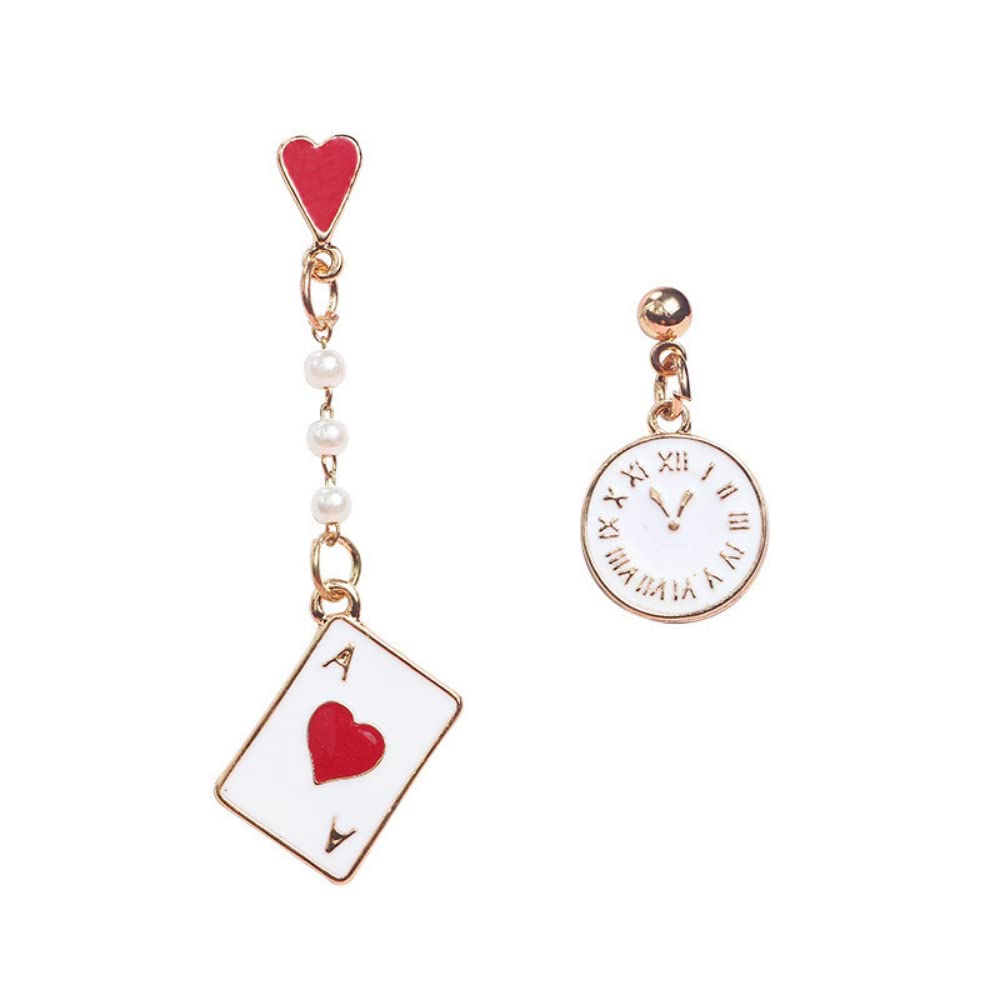 Asymmetric Clock Poker Dangle Earrings Red Heart Ace Enamel Gold Plated Playing Cards Earrings Creative Drop Earrings Jewelry for Women -Red