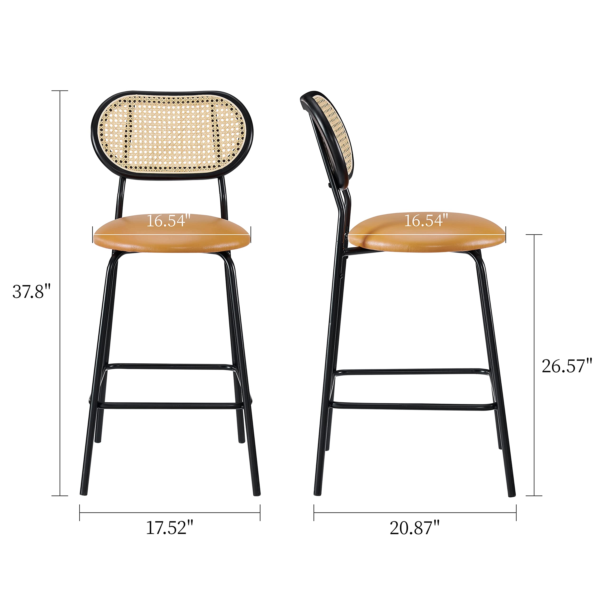 Art Leon Rattan Bar Stools Set of 4, Oak Back Frame, Modern 26 Inch Counter Height Barstools, Faux Leather Upholstered Bar Chairs, Armless Kitchen Chairs with Rattan Backrest Metal Legs, Black