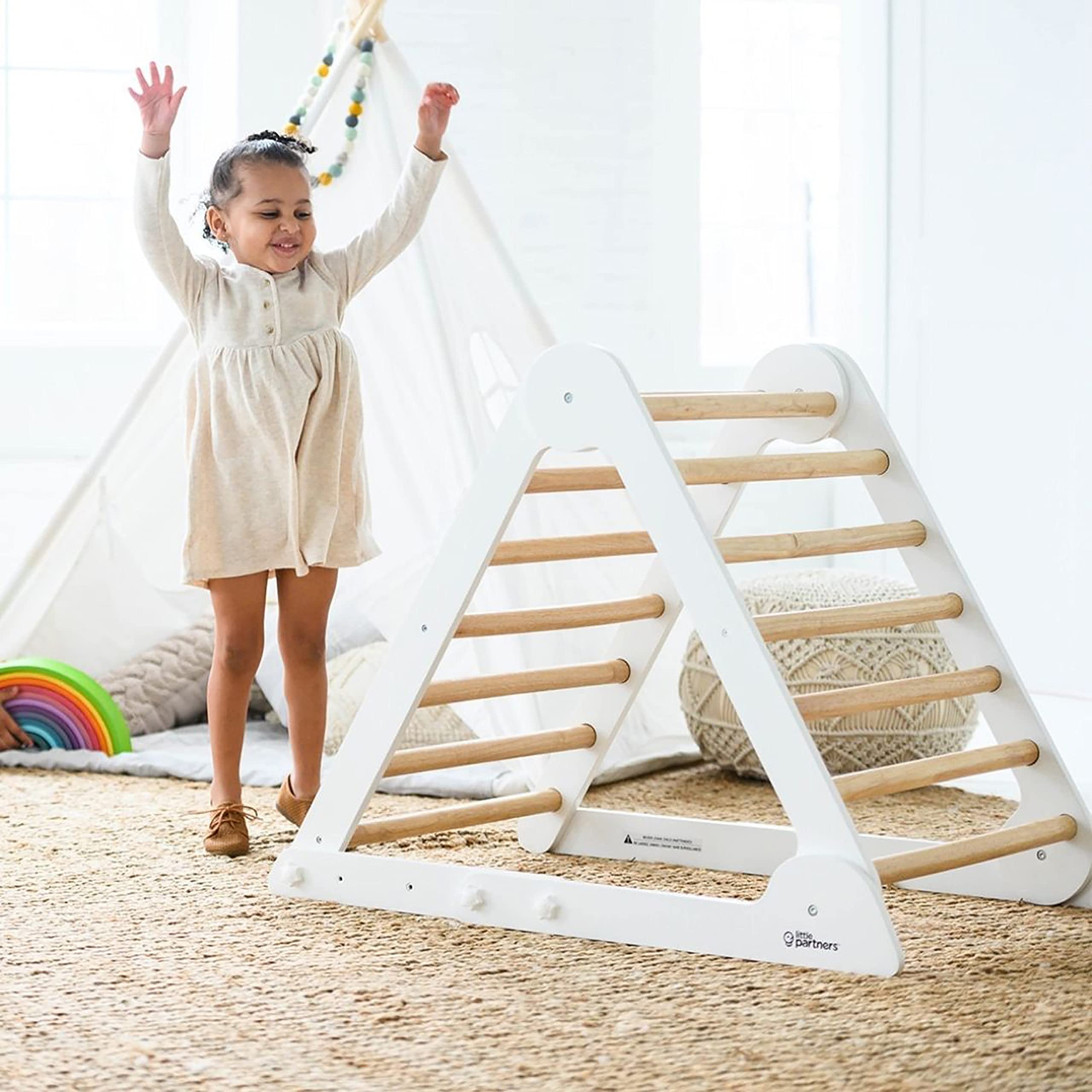 Little Partners Learn 'N Climb Wooden Climbing Triangle Foldable Wood Climbing Gym for Toddlers, Pickler Toddler Style Foldable Climber (Soft White w/Natural, Unassembled)