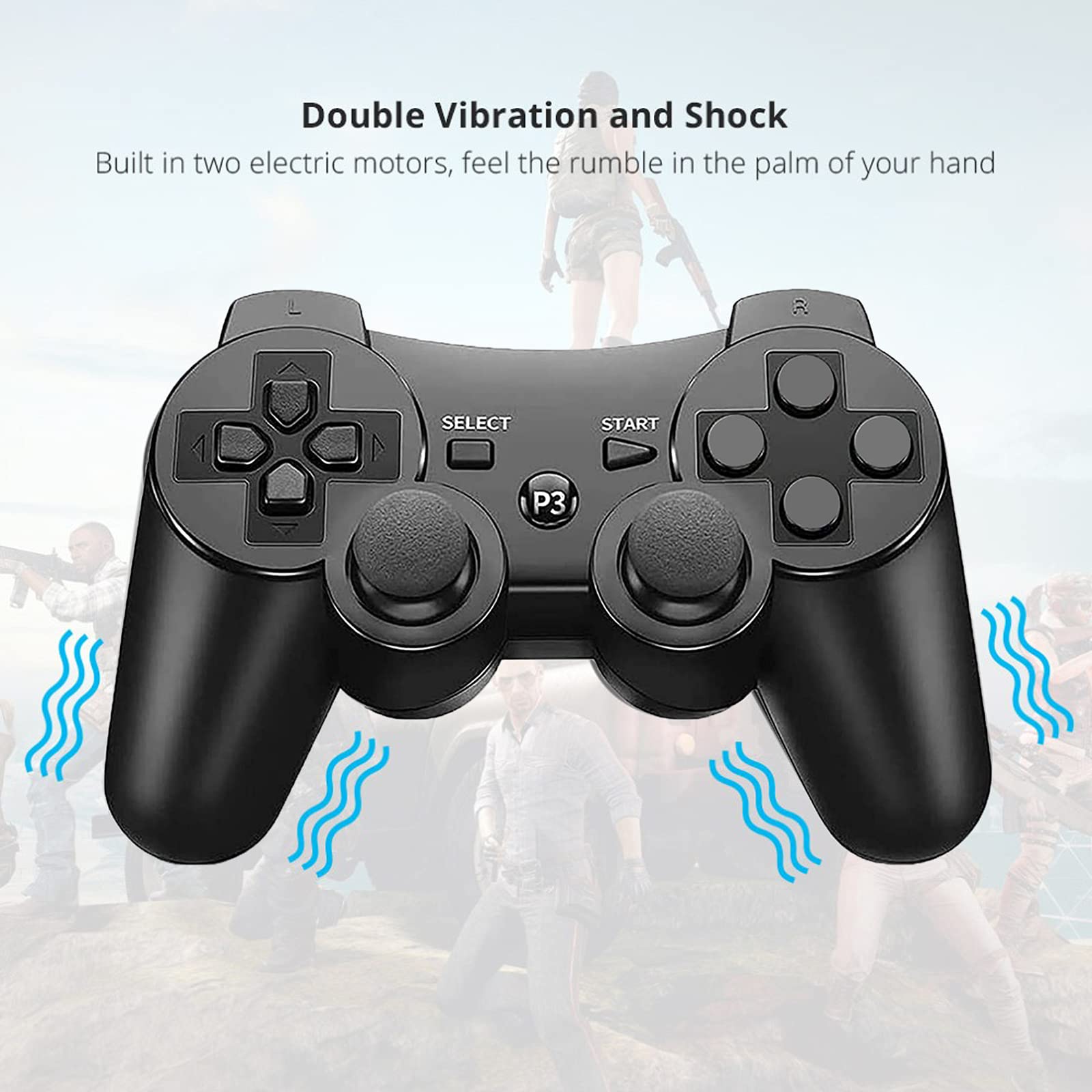 JINHOABF Wireless Controller for PS3 Controller,Built-in Dual Vibration Gamepad Compatible for Playstation 3,with Charger Cable (Black 2 PACK)