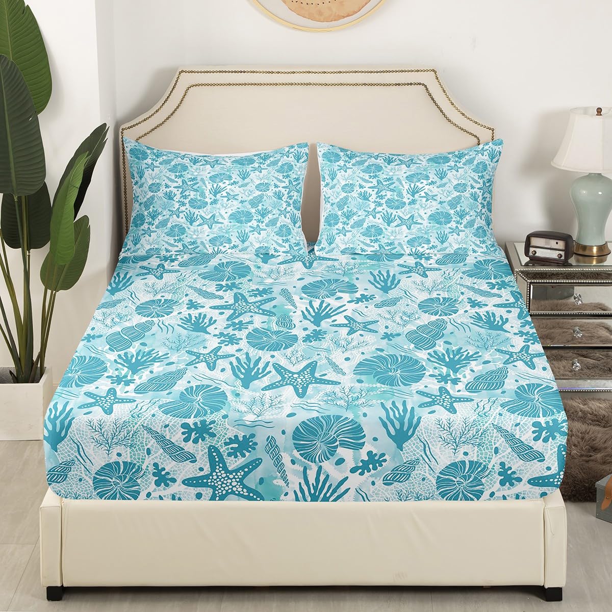 Seashell Conch Starfish Coral Fitted Sheet Queen Size,Coastal Ocean Beach Bedding Set 3Pcs,Underwater Life Print Bed Sheet Navy Blue Tie Dye Deep Pocket Sheet for Kids Teens Adult Bedroom Decor
