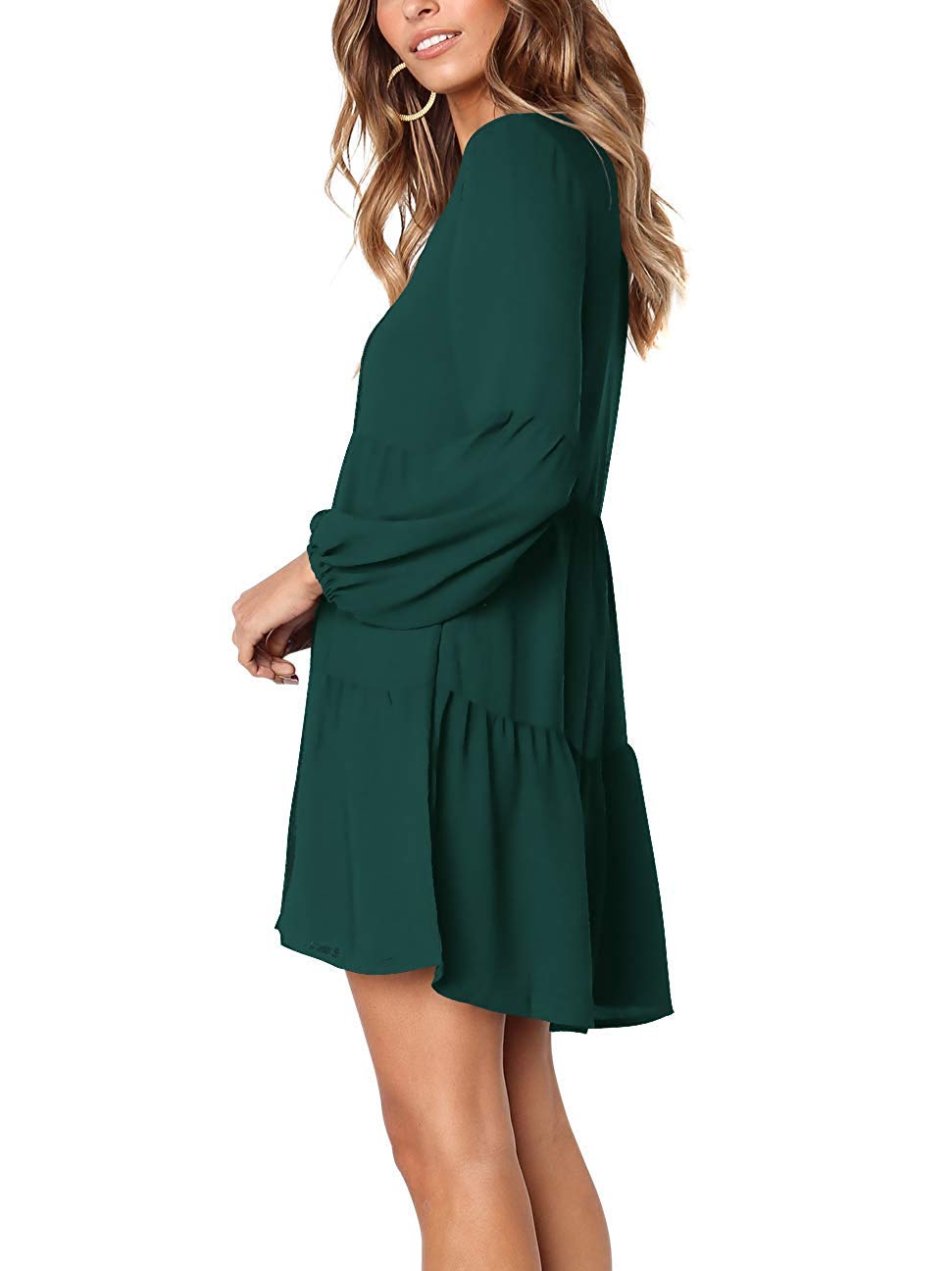 Amoretu Women Long Sleeve Tunic Dress V Neck Swing Shift Dresses(Green,X-Large)
