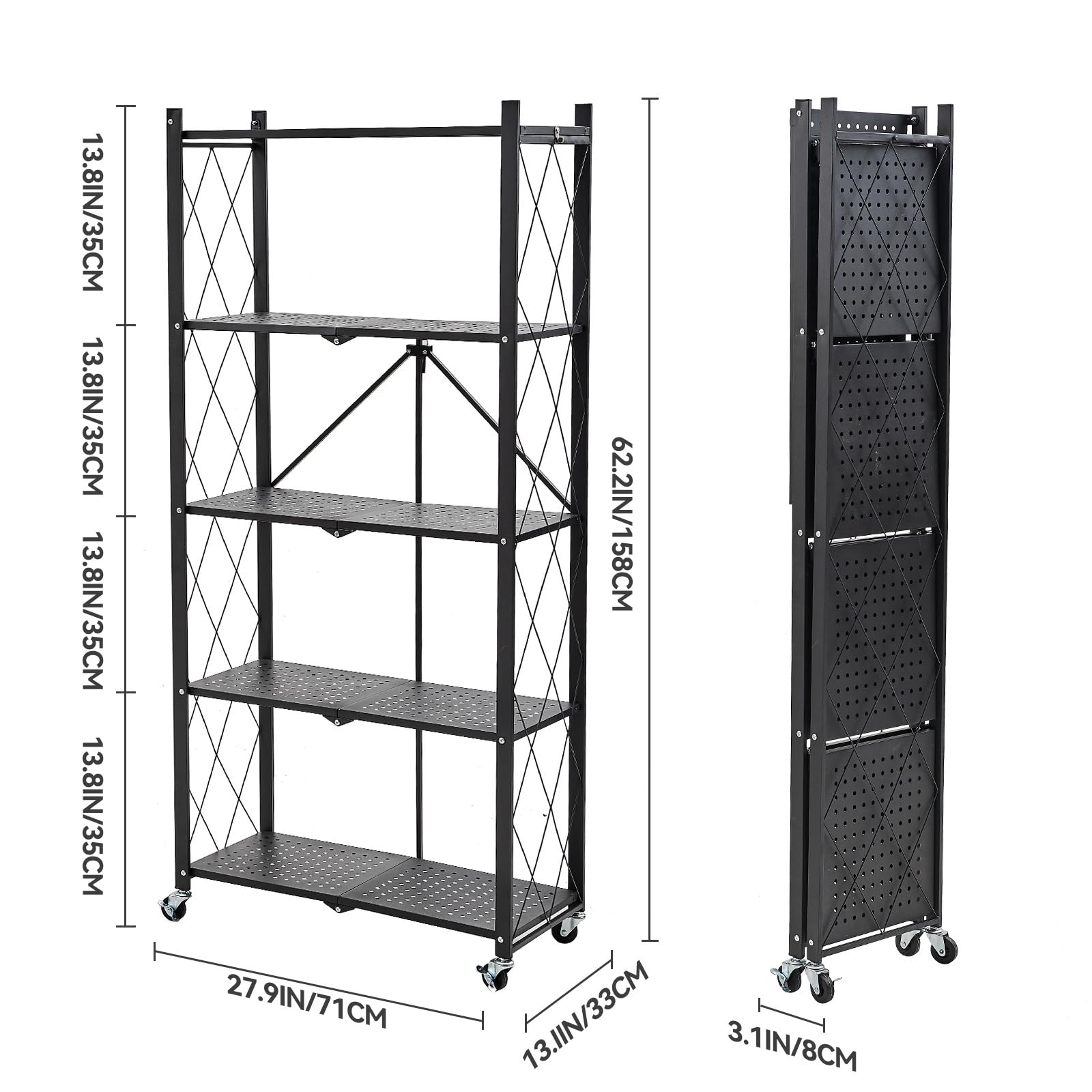 BRIAN & DANY 5-Tier Foldable Storage Shelves with Wheels, Folding Metal Rack Shelving Unit, Heavy Duty No Assembly Organizer Shelf for Garage, Kitchen, Basement, Pantry, Black