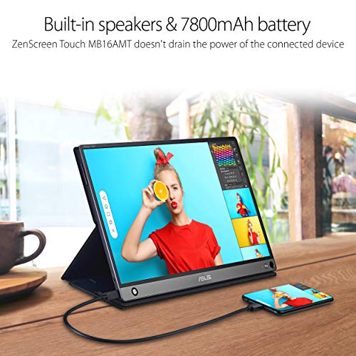ASUS ZenScreen Touch Screen 15.6” 1080P Portable USB (MB16AMT) - Full HD (1920 x 1080), IPS, Anti-glare, Built-in Battery, Speakers, Eye Care, USB Type-C, Micro HDMI, Smart Case, 3-Year Warranty