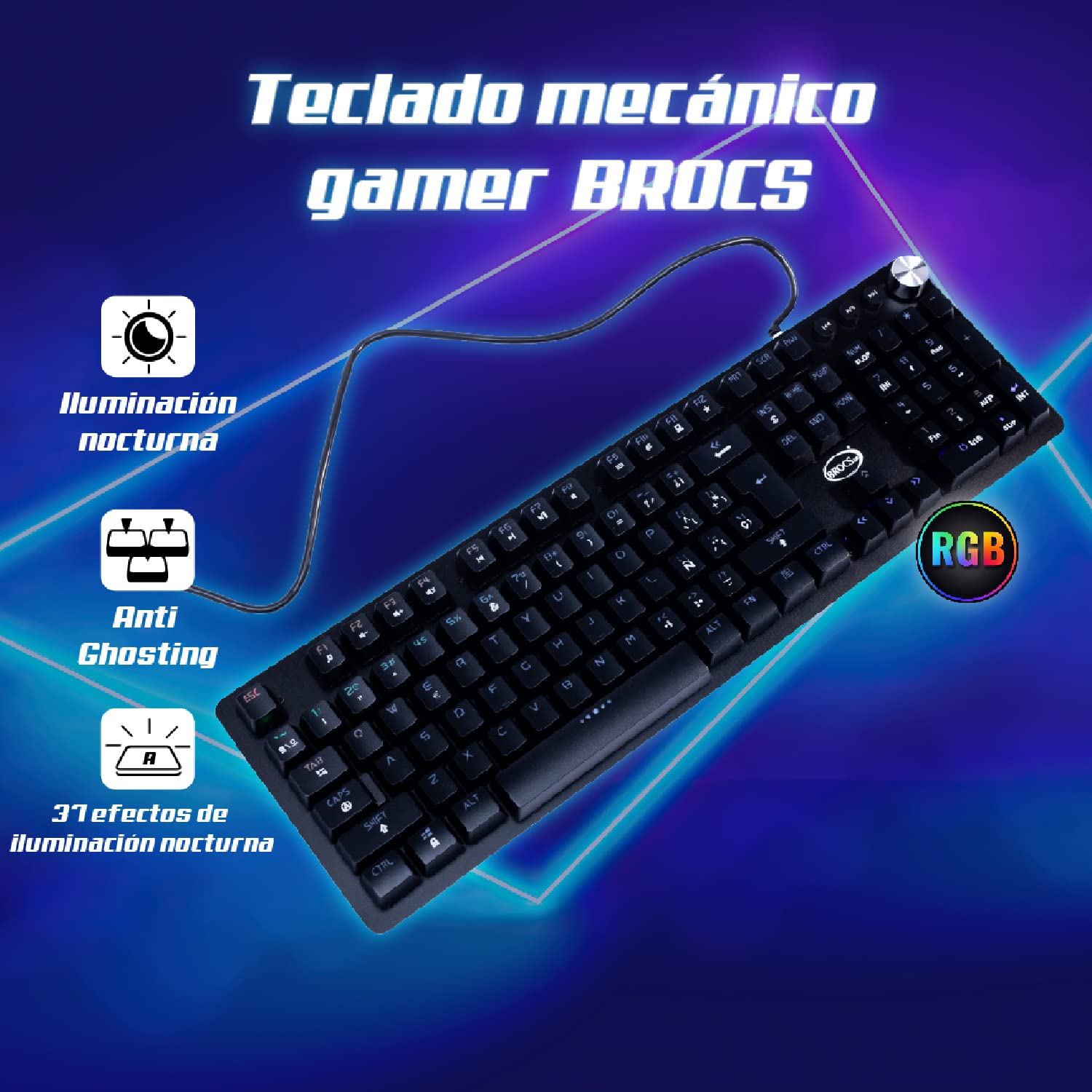 Brocs - Mechanical Gaming Keyboard, RGB Backlight, Anti-ghosting Keys, Multimedia Buttons, with USB Connection Cable