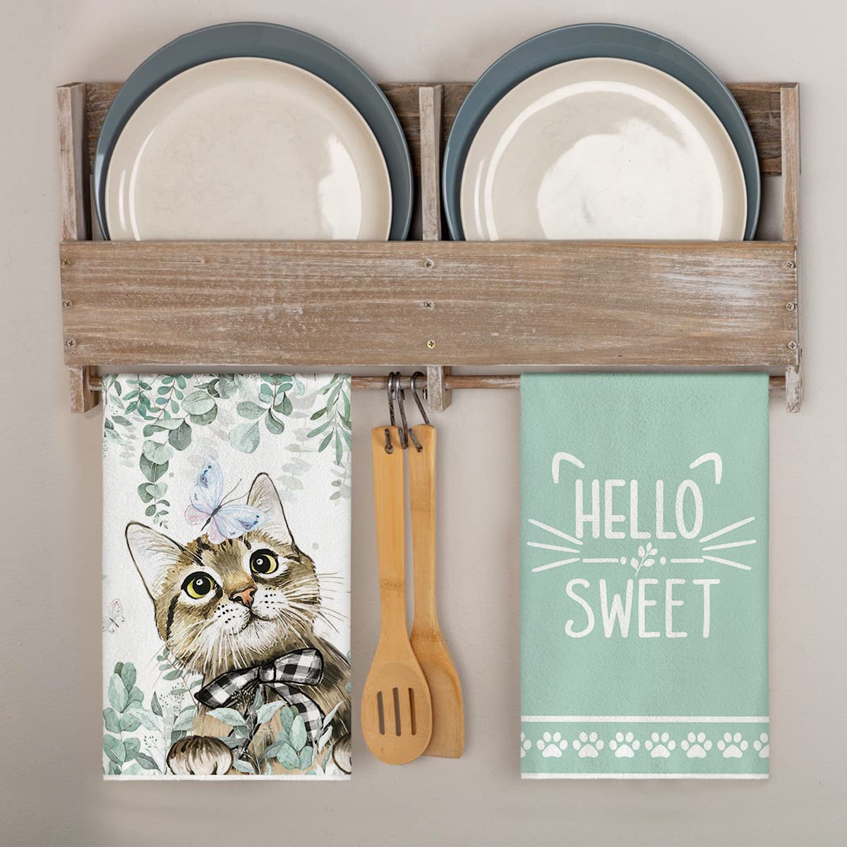 Artoid Mode Eucalyptus Leaves Cat Hello Sweet Kitchen Towels Dish Towels, 18x26 Inch Buffalo Plaid Bow Tie Holiday Decoration Hand Towels Set of 2