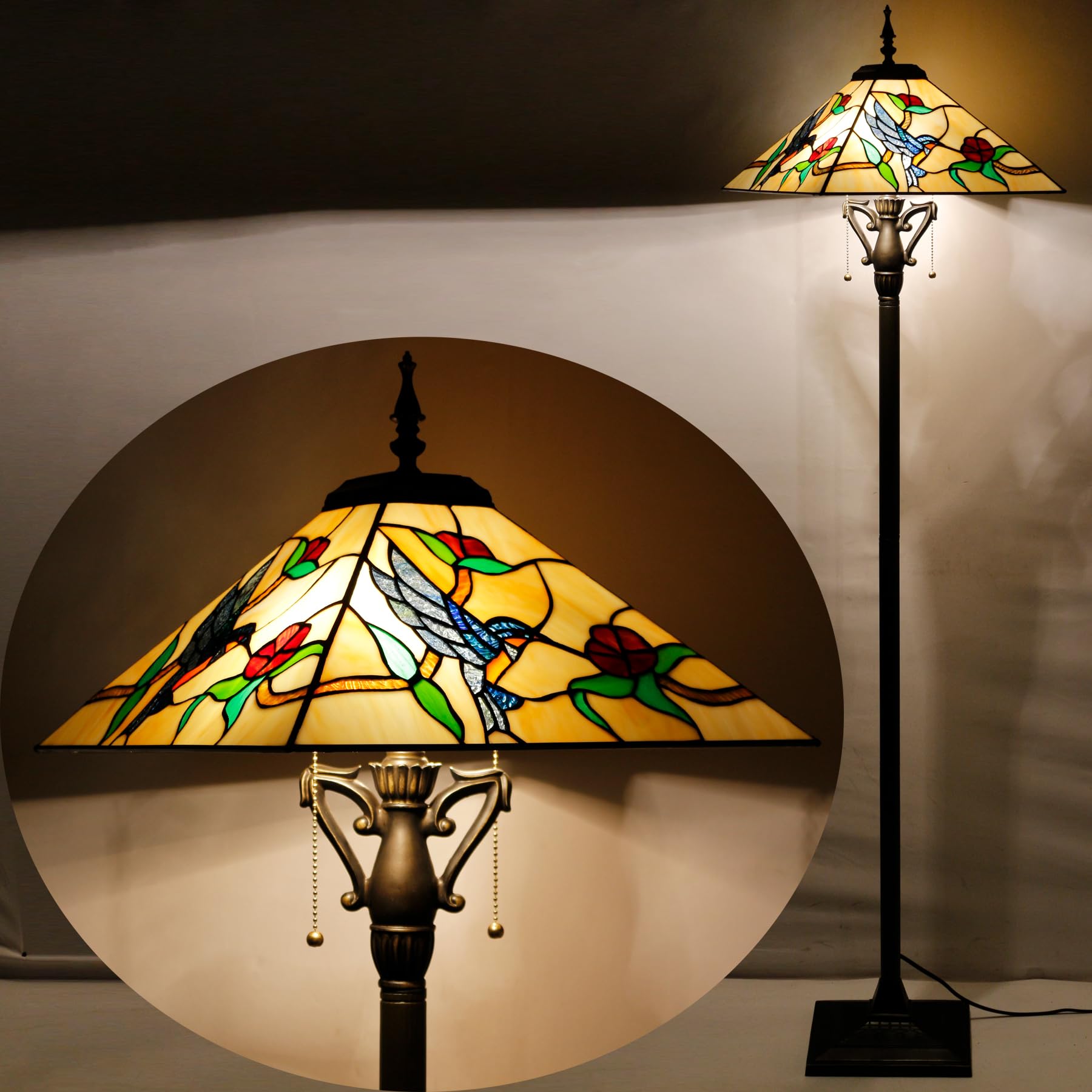 AVIVADIRECT Tiffany Floor Lamp Mission Style Stained Glass Standing Reading Light 16X16X64 Inch Amber Hummingbird