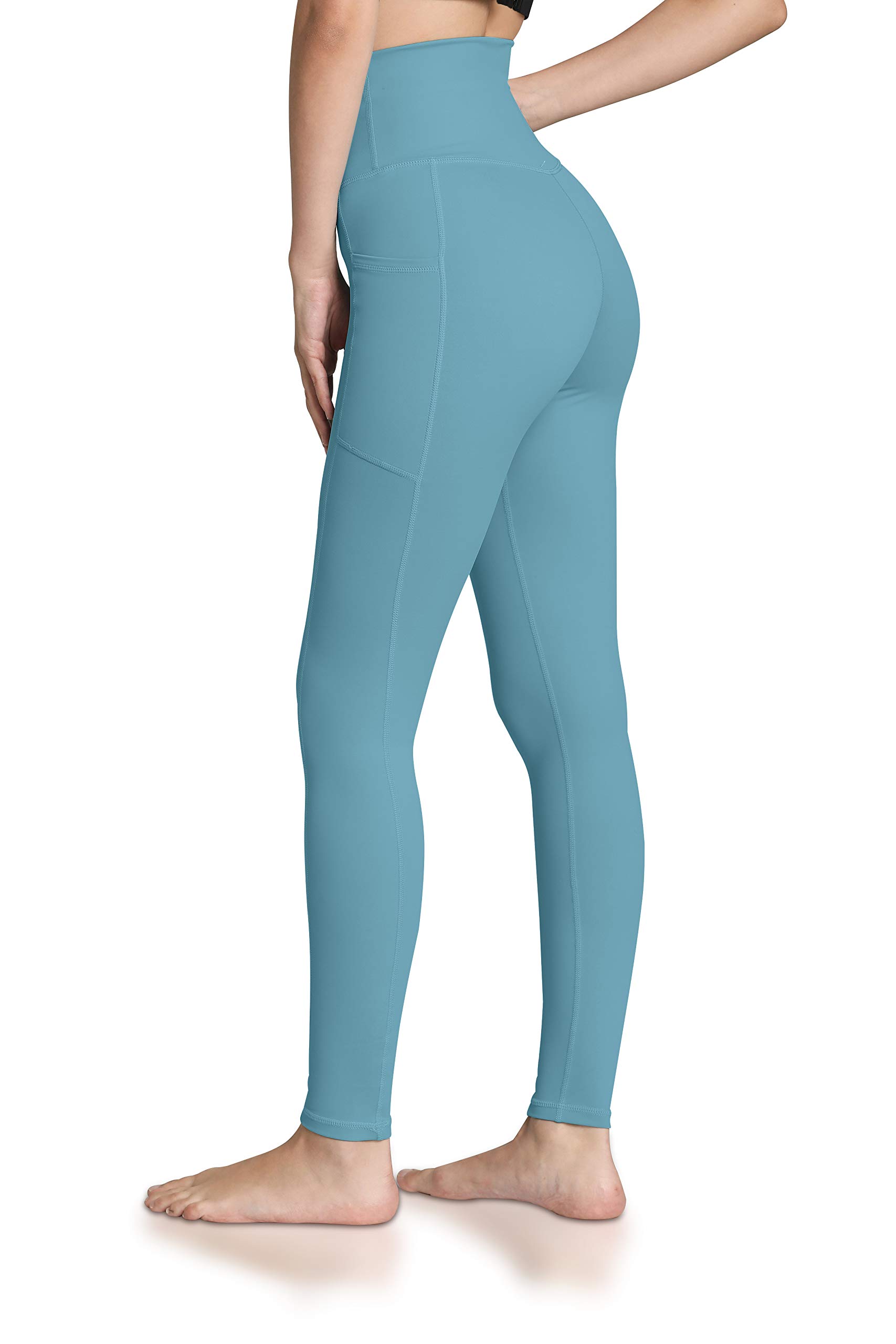 azuza High Waist Yoga Workout Pants Pattern TIK tok Scrunch Tummy Control Sliming Leggings with Pockets for Women Sky Blue