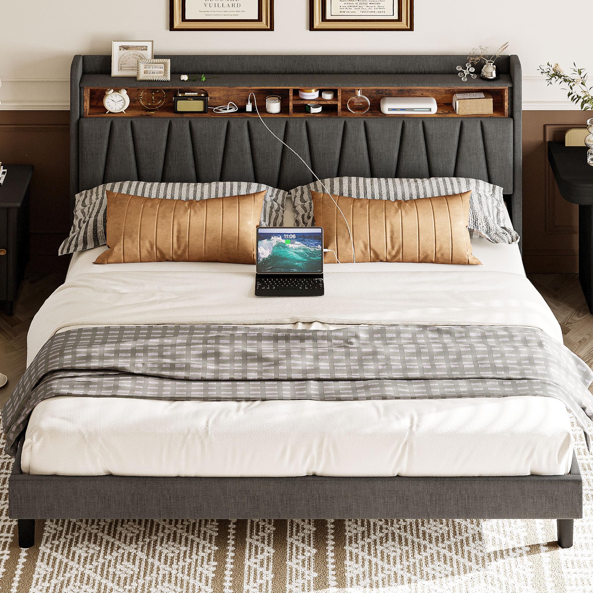 ANCTOR King Bed Frame with Charging Station, Fabric Upholstered Platform Bed King Size with Storage Headboard, Heavy Duty Steel Support Legs, No Box Spring Needed, Easy Assembly, Dark Grey