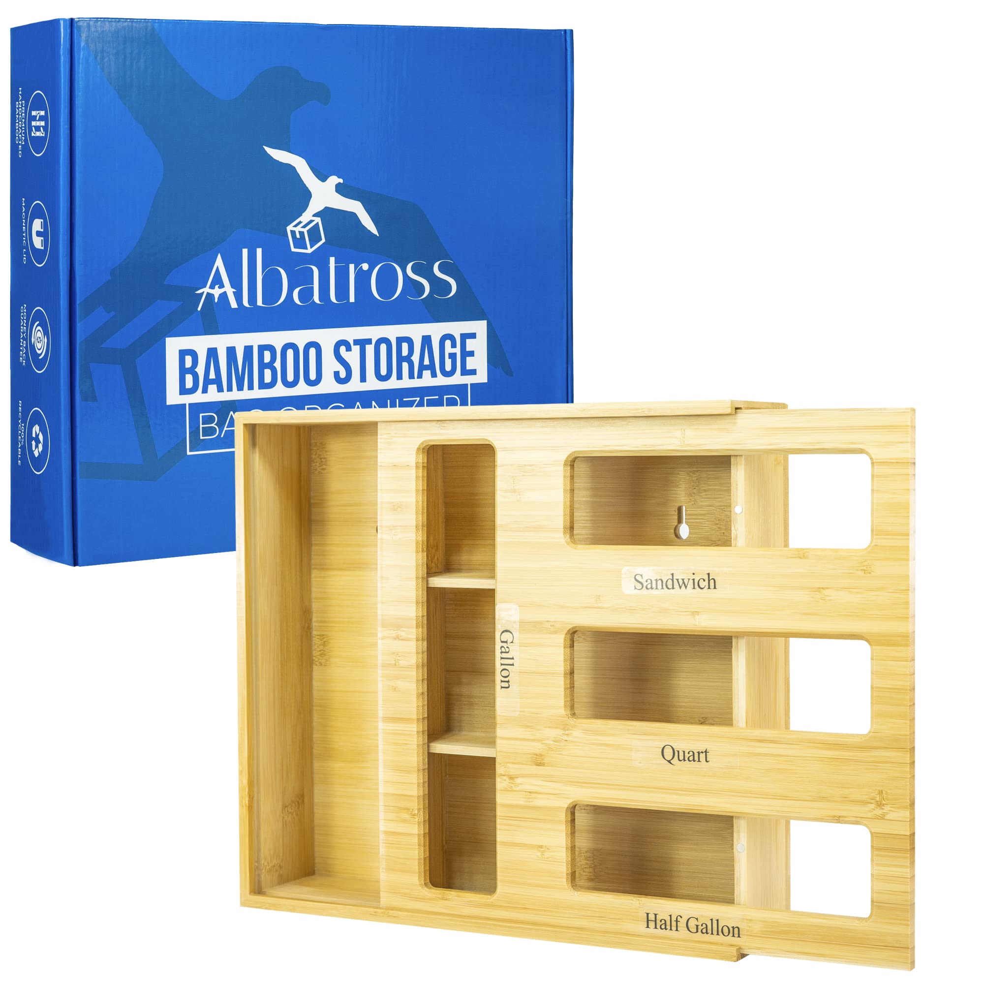 Albatross Bamboo Ziplock Bag Storage Organizer, Magnetic Sliding Lid, Ziplock Bag Organizer for Kitchen Drawer, Plastic Bag Organizer, Home Organization, Organizers and Storage for Snack Bags
