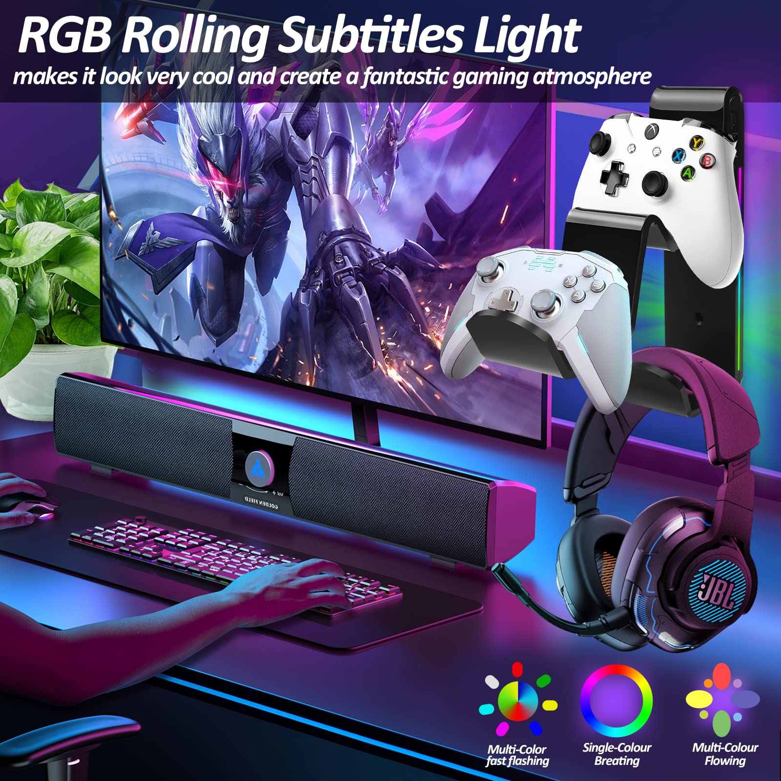 ArtCWK RGB Dual Game Controller & Headphone Holder Charger with 10 Light Modes and 2 USB Charging Port, Wall Mount Stand Charger for Xbox PS5 PS4 PS3 Xbox Switch, for All Universal Gamepad & Headsets
