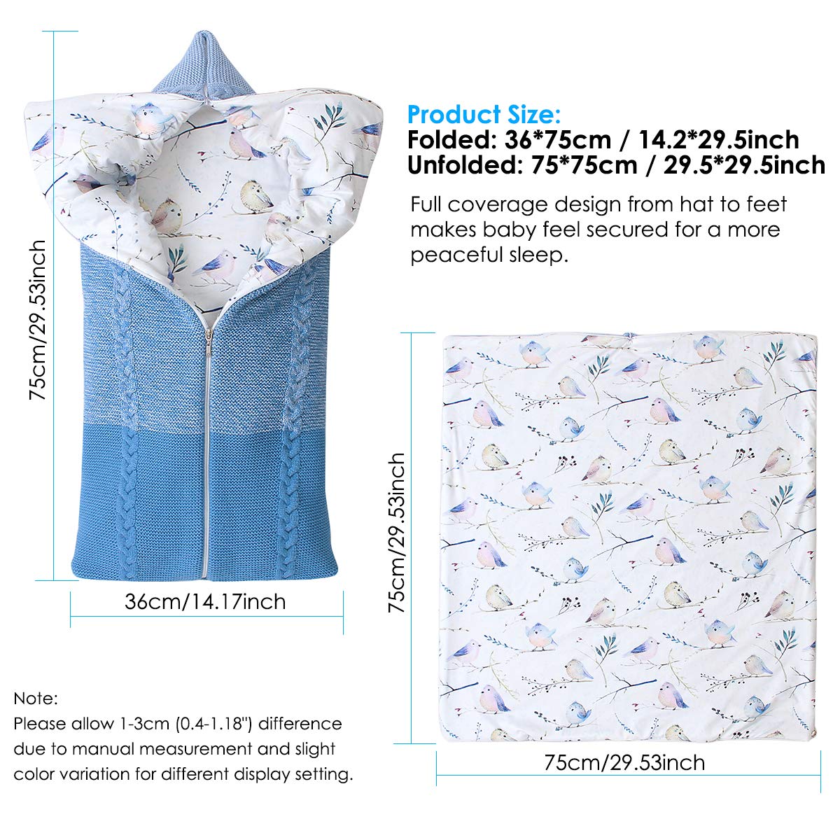 Petyoung Newborn Baby Swaddle Blanket, Multifunction Stroller Wrap Sleeping Mat Thick Warm Sleeping Bag for Baby Boys Girls 0-12 Months