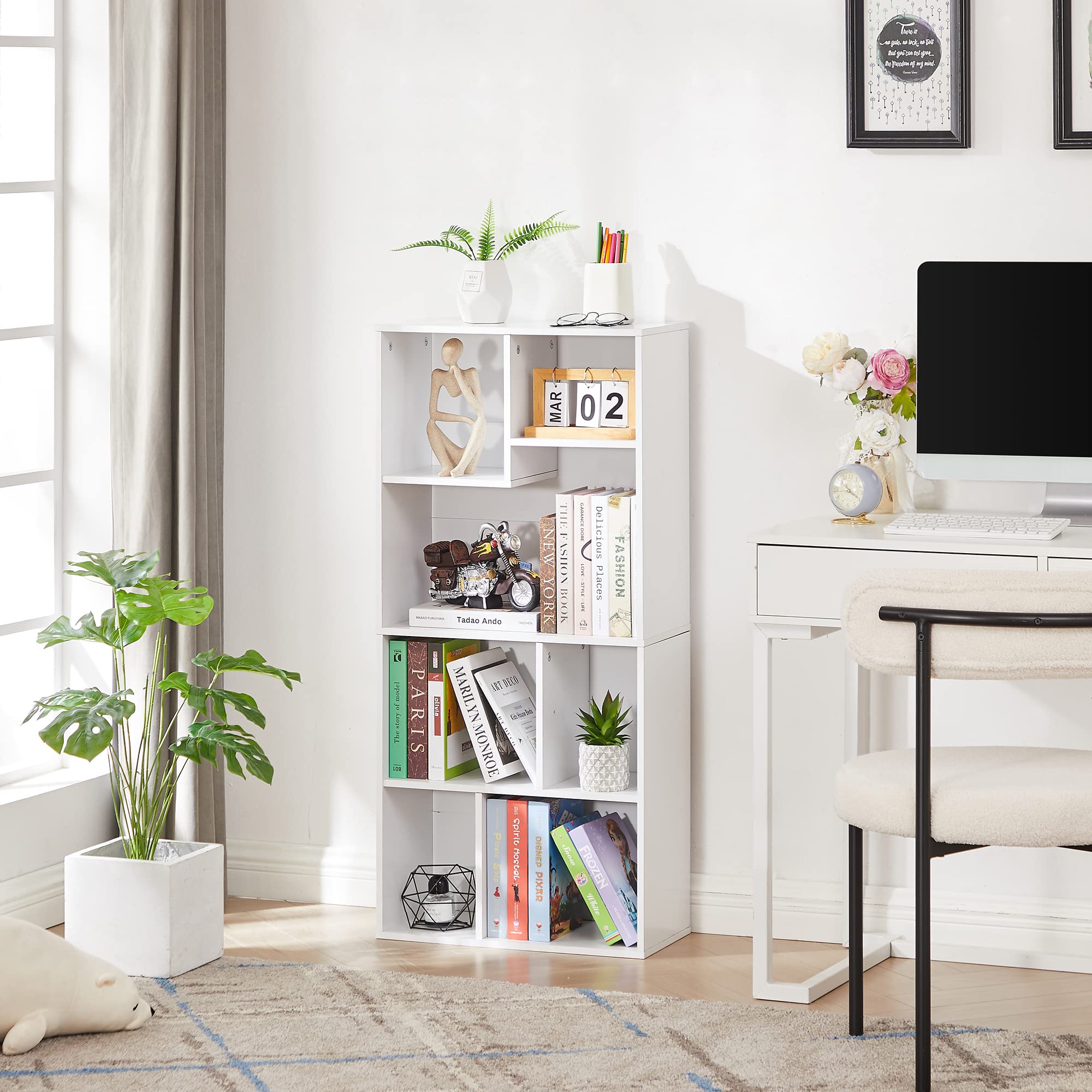 VECELO 42 Inch High Bookcase, 4-Tier Modern Storage Cabinet with Height Difference Shelves for Standard Textbooks, Floor Standing, 7 Cubes, Horizontal Available, Easy Assembly, Pearl White