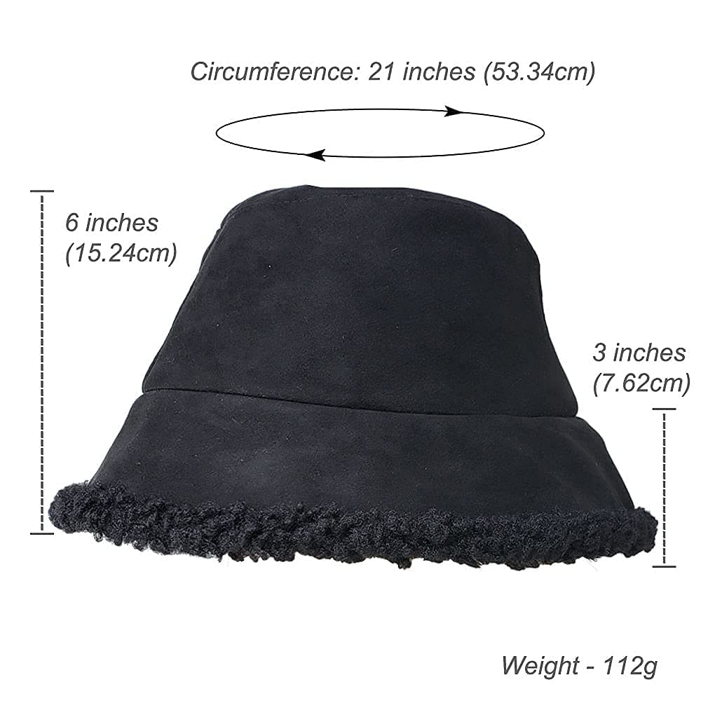 BA UNIQUE FASHION Reversible Solid Color Women Winter Faux Suede Fur Bucket Hat (Black Tone)