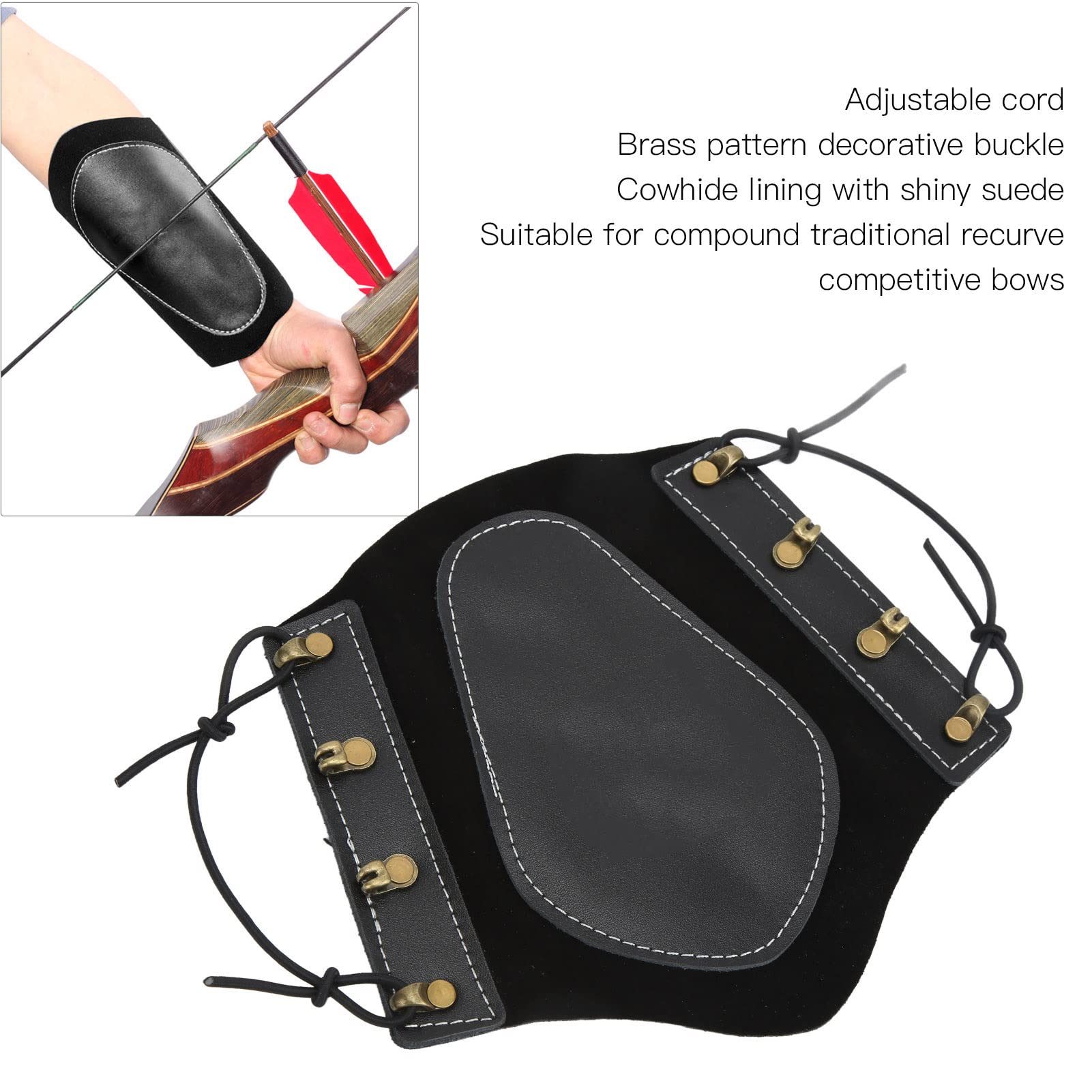 Archery Arm Guard, PU Leather Arm Guard Strong Force Adjustable Cord Cowhide Arm Guard with Brass Pattern Decorative Buckle for Archery(Black) Archery Arm Guard Leather