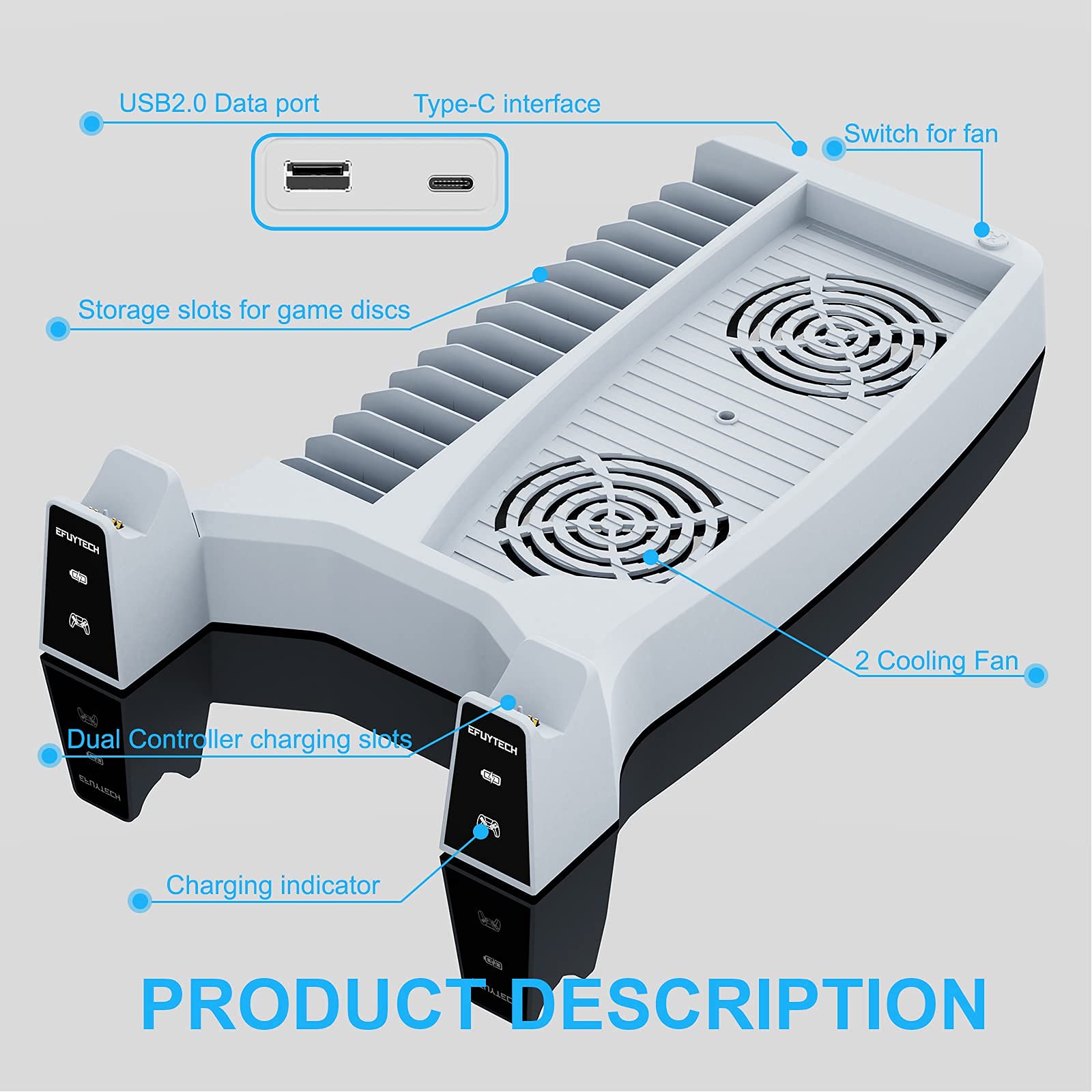 PS5 Vertical Stand Cooling Fan for PS5 Console and Playstation 5 Digital Edition, PS5 Accessories Stand with Dual Controller Charging Station, 2-in-1 Cable and 15 Game Storager