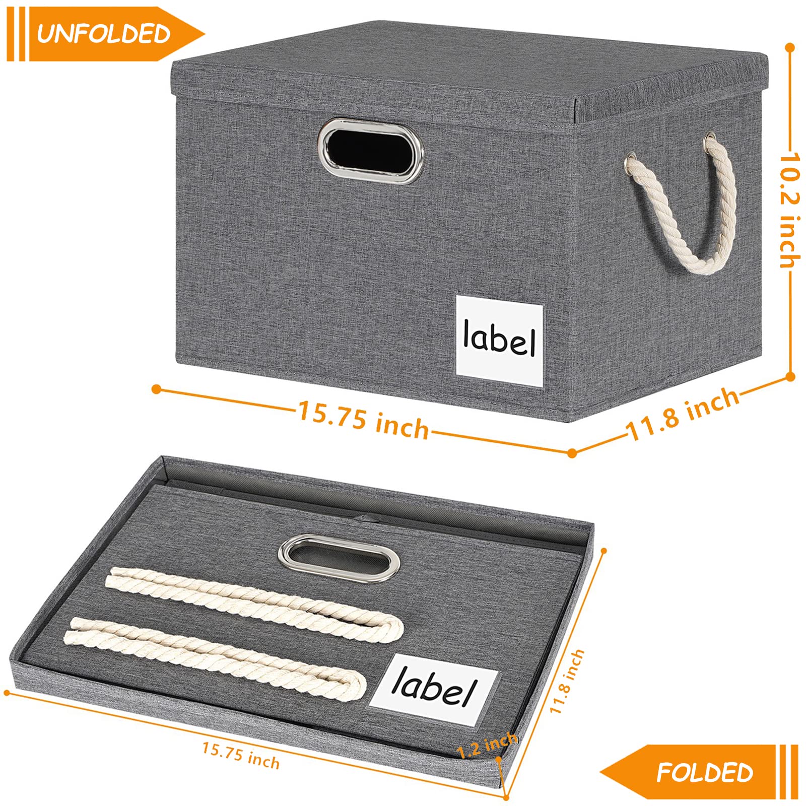 ASXSONN Extra Large Storage Bins with Lids, Fabric Storage Bins with Label & 3 Handles, Foldable Storage Boxes with Lids, Storage Baskets with Lids for Organizing (15.75"x11.8"x10.2", Gray, 3 Pack)