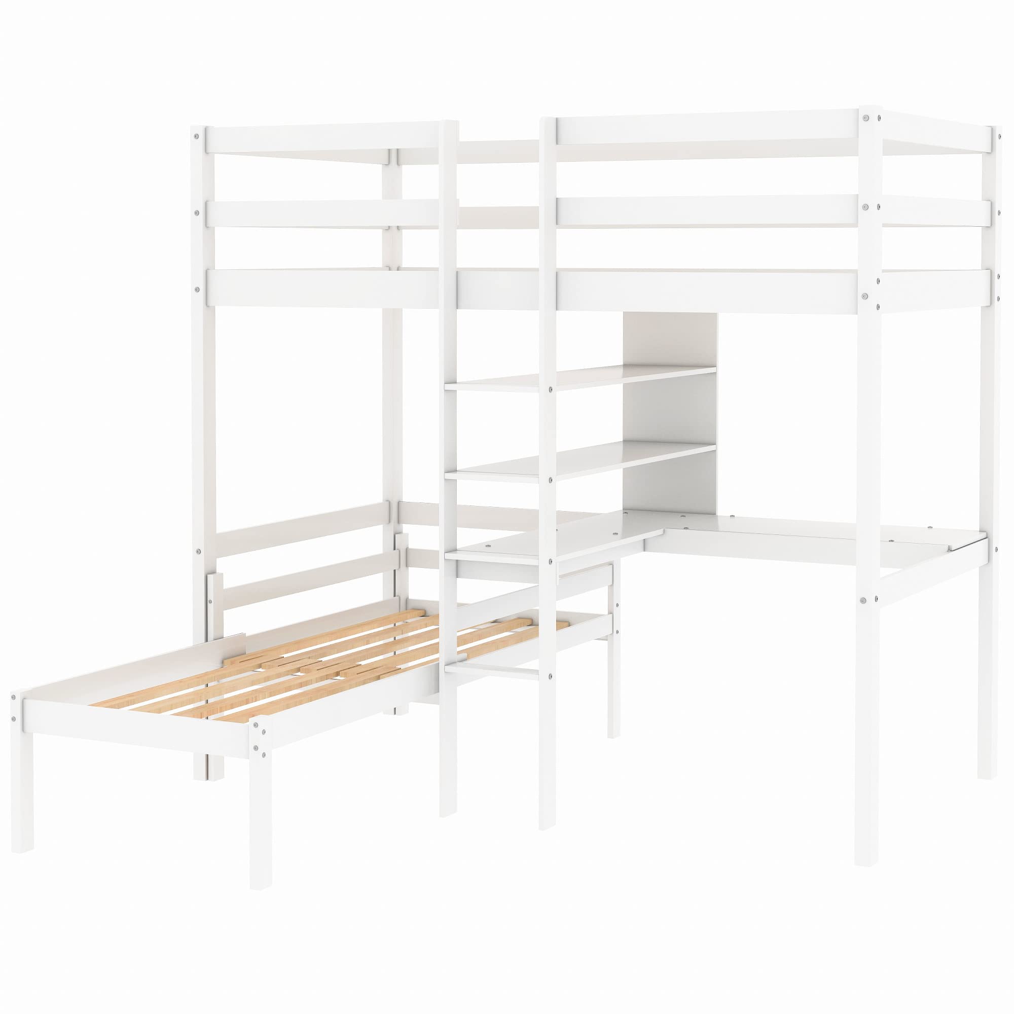 BIADNBZ Wooden Full Size Loft Bed with Desk and Shelves, Wood High Loftbed Frame for Kids/Teens Bedroom, Space Saving/No Box Spring Needed, White