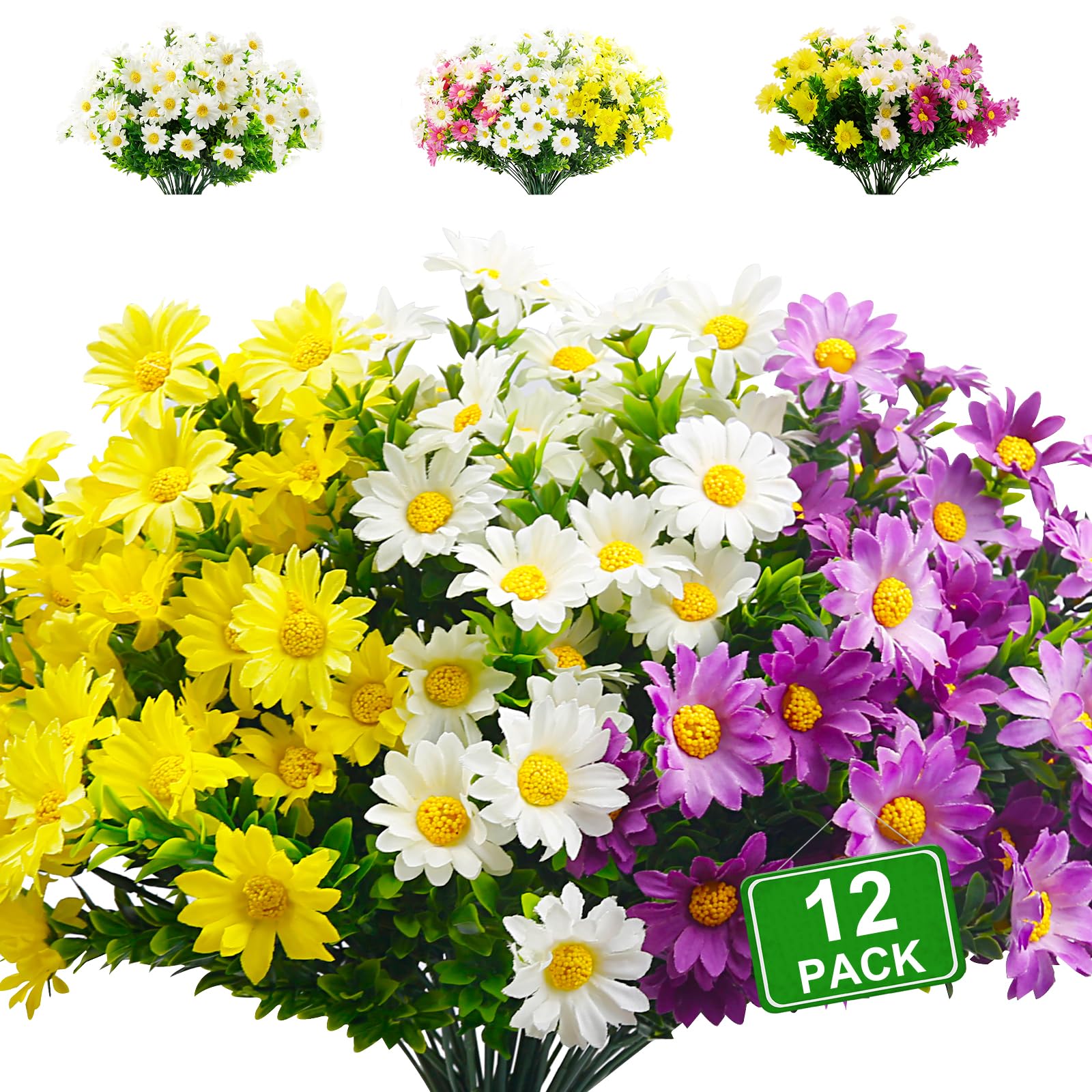 Aufind 12 Bundles Daisies Artificial Flowers Fake Colorful Daisy Plant UV Resistant Greenery Shrubs Plants for Indoor Outdoor Hanging Planter Home Garden Decor Wedding Porch Window Decor