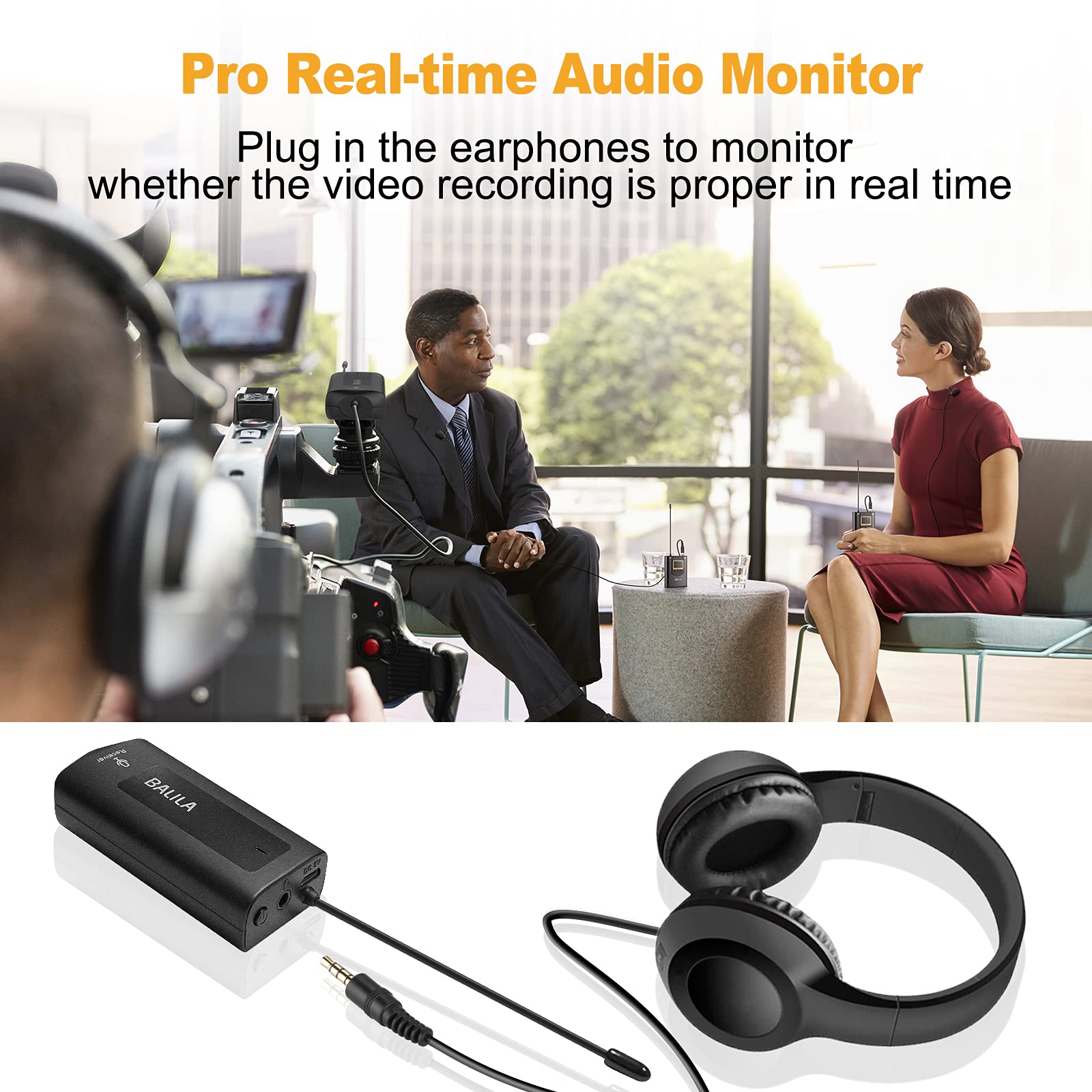 BALILA Wireless Lavalier Microphone System UHF Dual Lavalier Mic Lapel Microphone for iPhone/Android, DSLR Camera Microphone Real-time Audio Monitor Recording Vlog (1T1R)