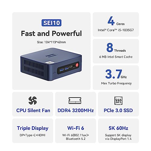 Beelink SEI10 Mini PC 10th Generation Intel i5-1035G7 Processor(up to 3.7GHz),Mini Computer with 16G DDR4 RAM 500GB M.2 2280 PCle 3.0 SSD, Three-Screen Display/WiFi6/BT5.2,Auto Power On