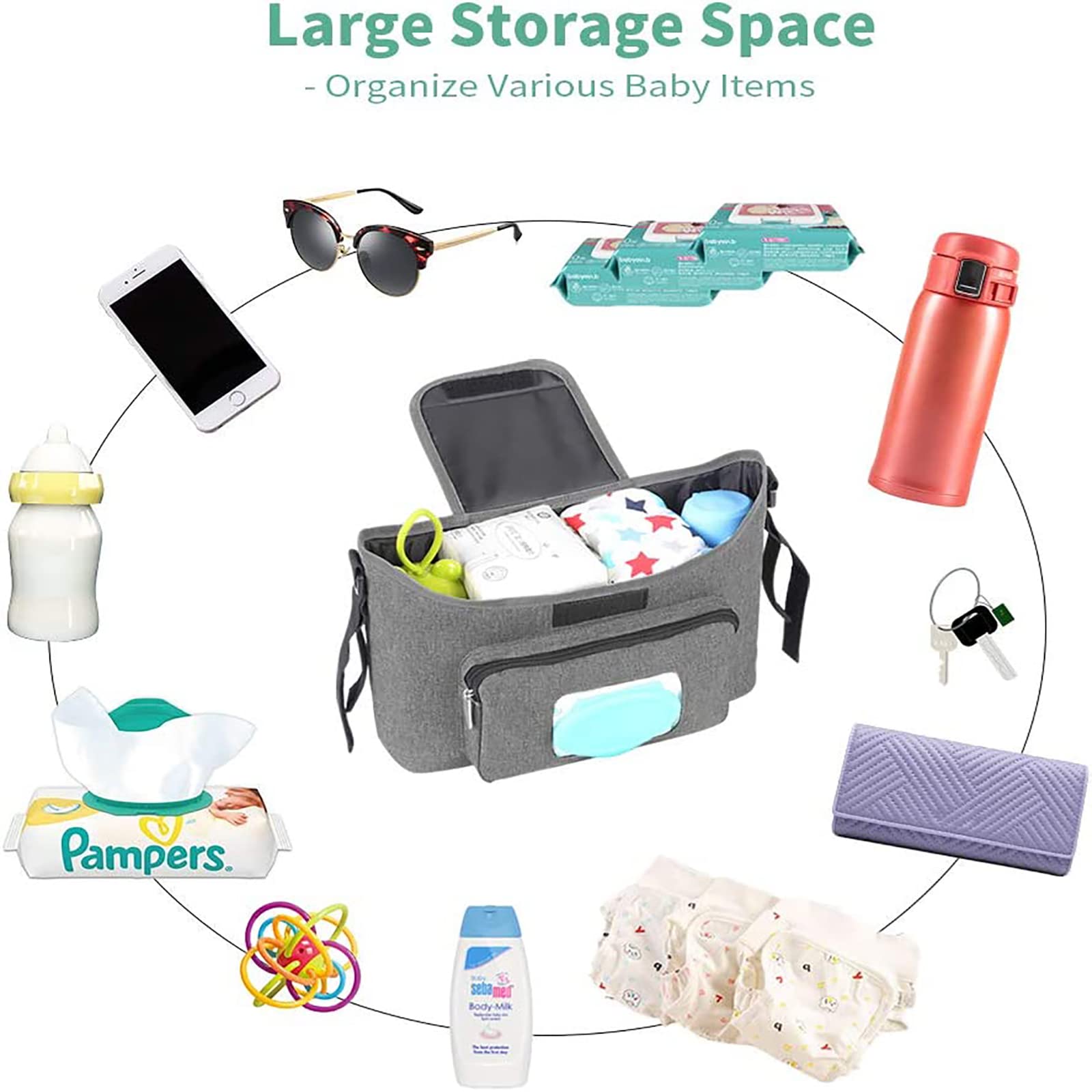 Baby Stroller Organizer - Stroller Accessories Bag Large Space with 2 Cup Holders Multiple Zipper Pockets for Bottle, Diaper, Phone, Toys, Baby Items - Fits All Strollers, Easy Installation