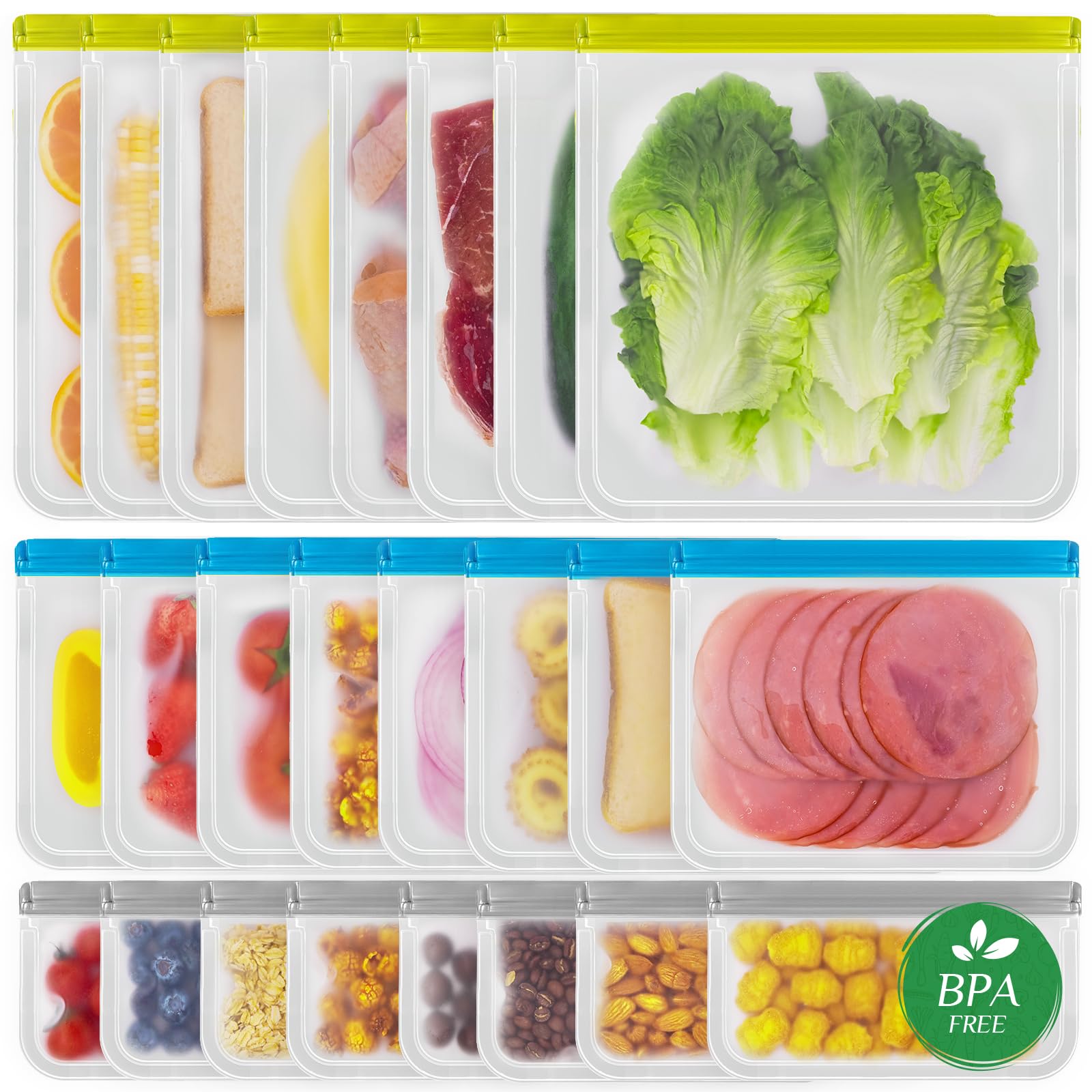 LKSUMPT 24 Pack Reusable Freezer Bags, Food Storage Bags, Reusable Bags BPA Free, Leakproof Extra Thick for Traveling & Household Same as Reusable Ziploc Bags (8 Gallon+8 Snack+8 Sandwich Bags)