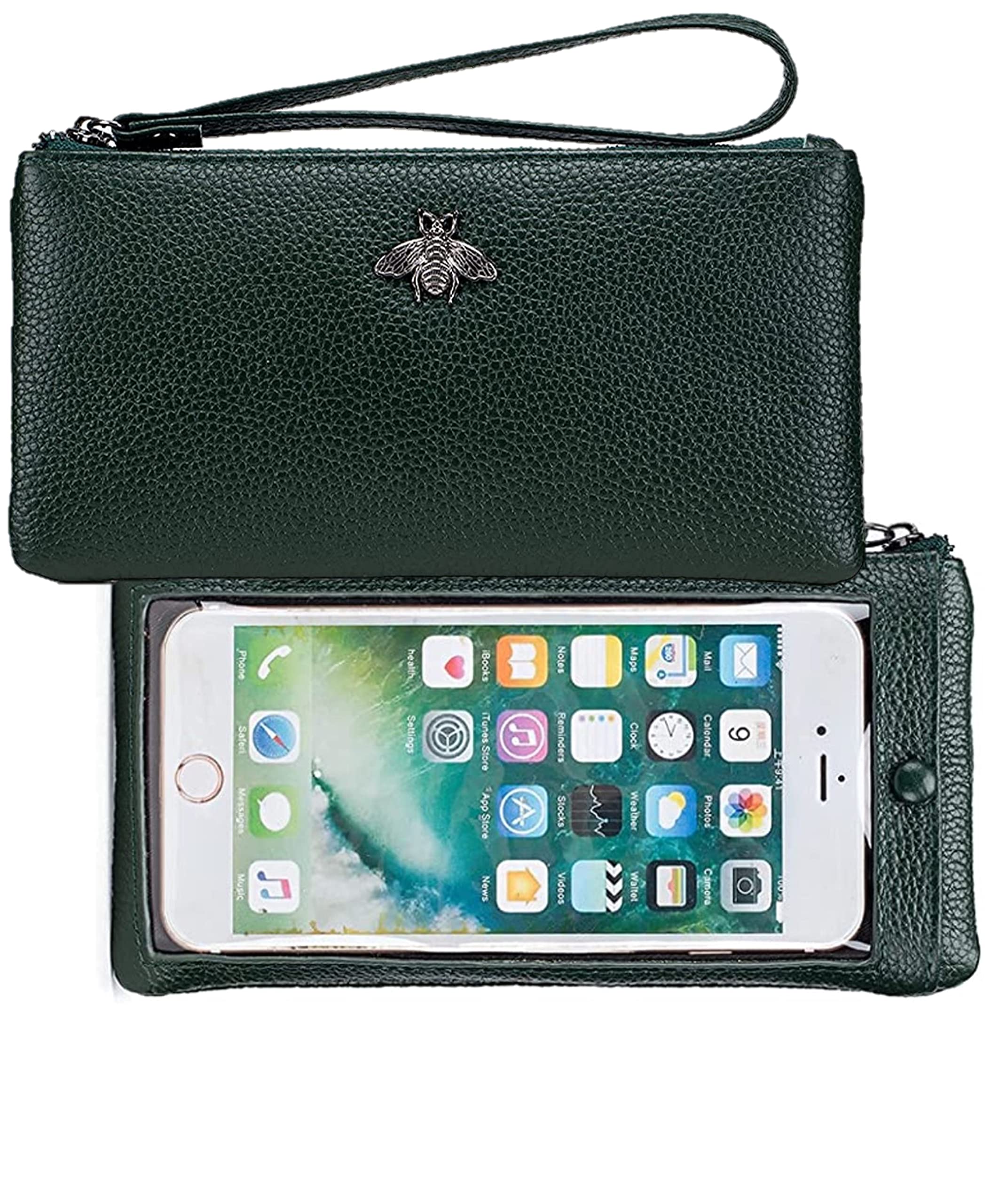 Genuine Leather Touch Screen Phone Clutch Bag Wristlet Handbag Wallet for Women Girls (Green)