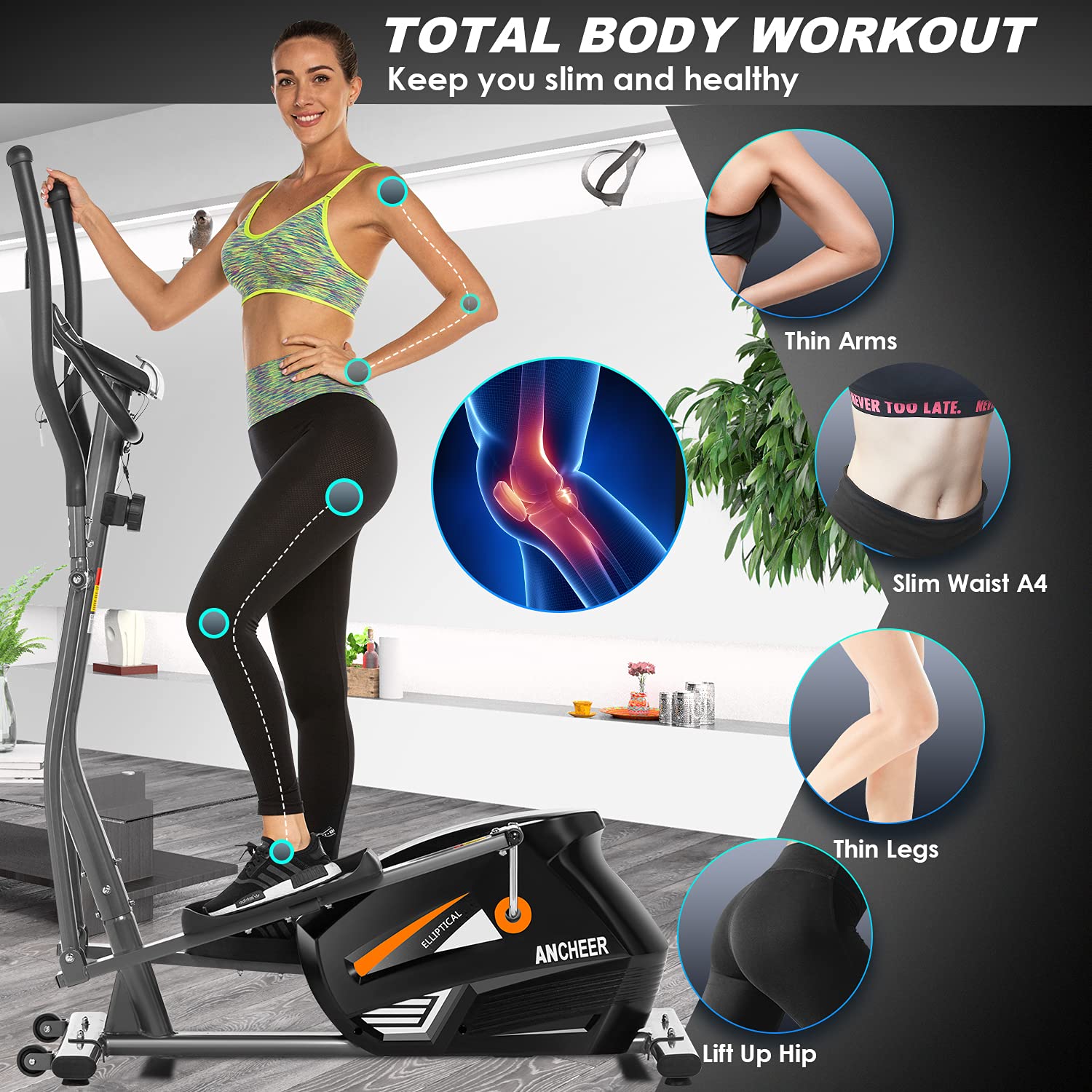 ANCHEER Elliptical Machine, Quiet & Smooth Driven Magnetic Elliptical Cross Trainer Machine with 10 Levels Resistance and 18lb Flywheel, Best Elliptical Exercise Machine for Home Gym Workout TP07